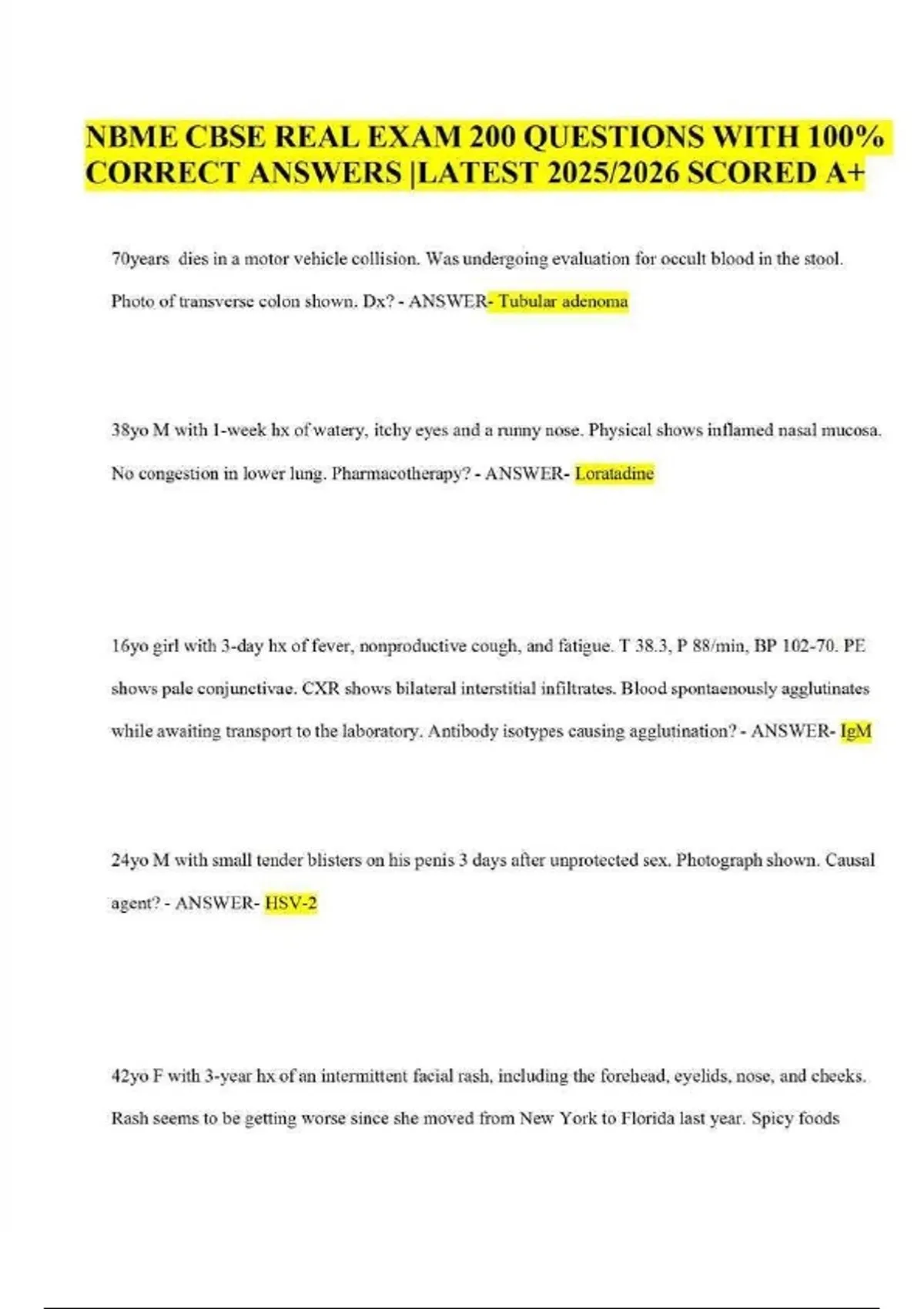 NBME CBSE Real Exam 200 Questions with 100% Correct Answers – Latest ...