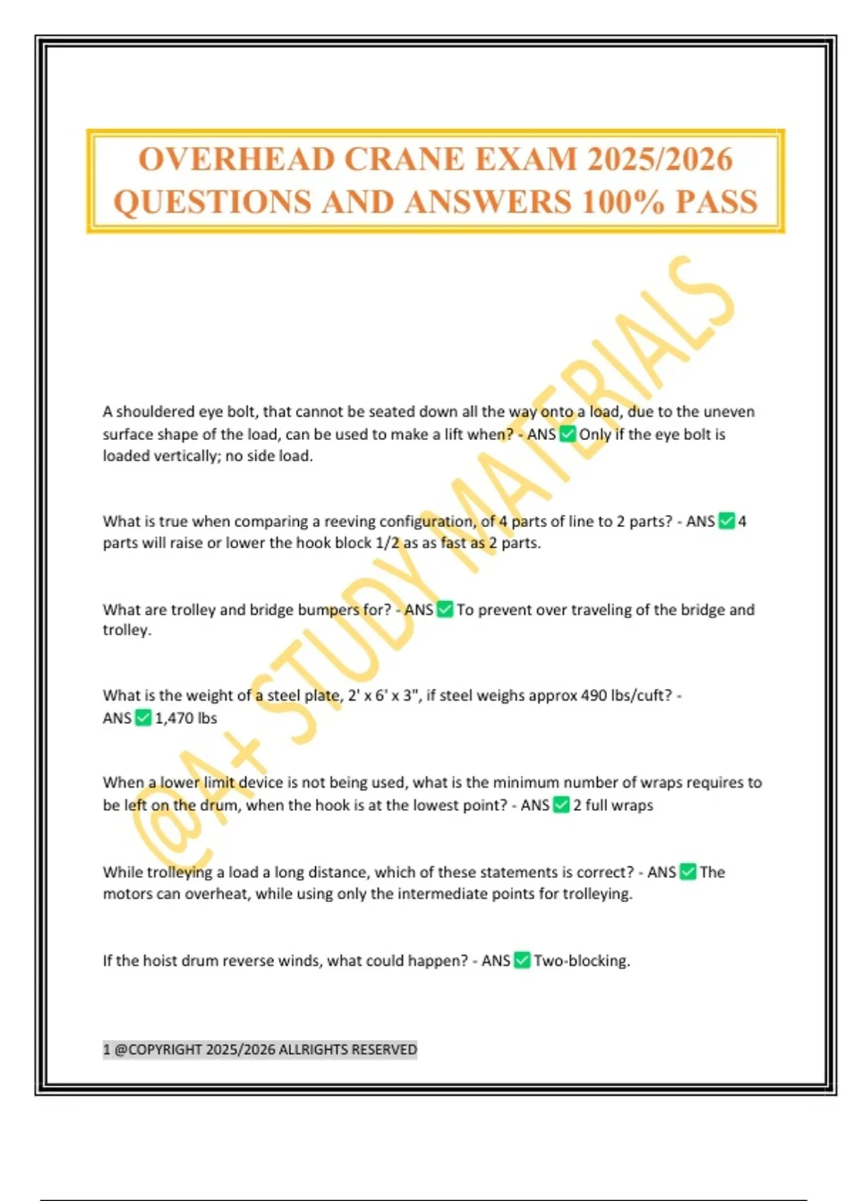 OVERHEAD CRANE EXAM 2025/2026 QUESTIONS AND ANSWERS 100% PASS - NCCCO ...