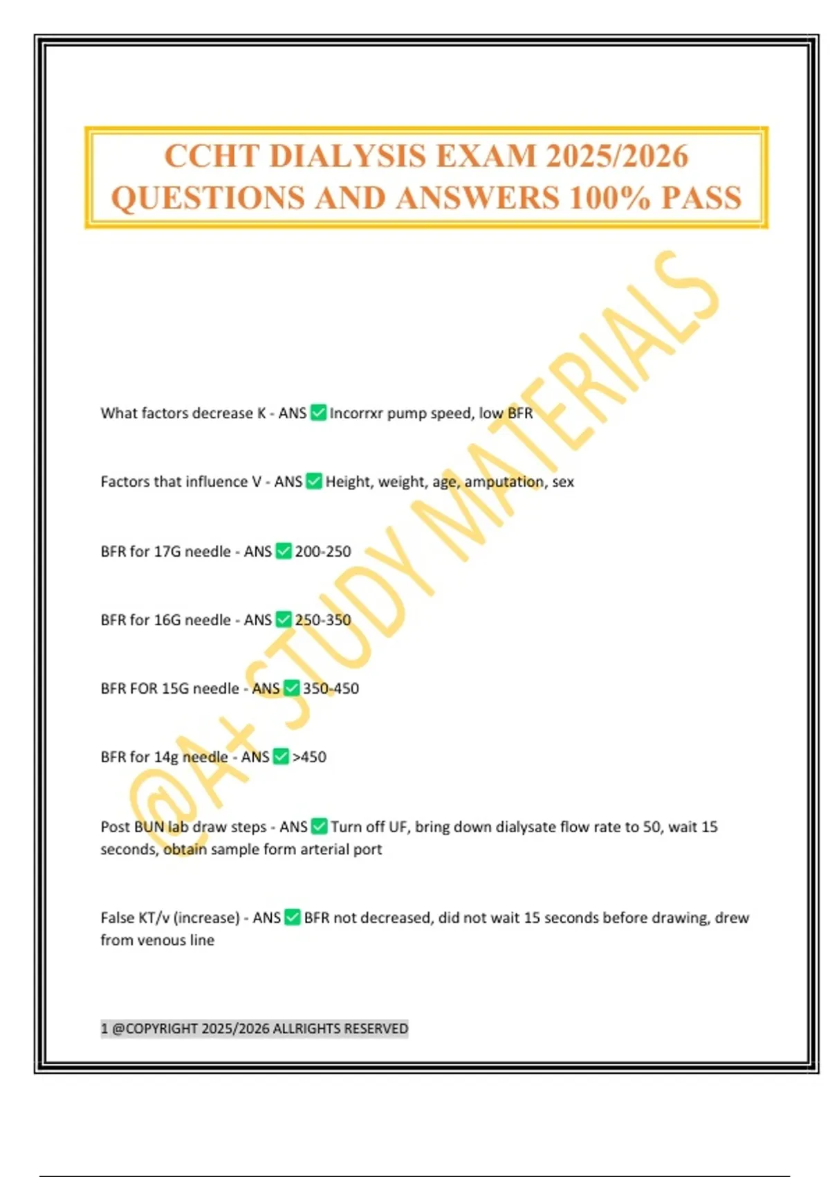 CCHT DIALYSIS EXAM 2025/2026 QUESTIONS AND ANSWERS 100% PASS - CCHT ...
