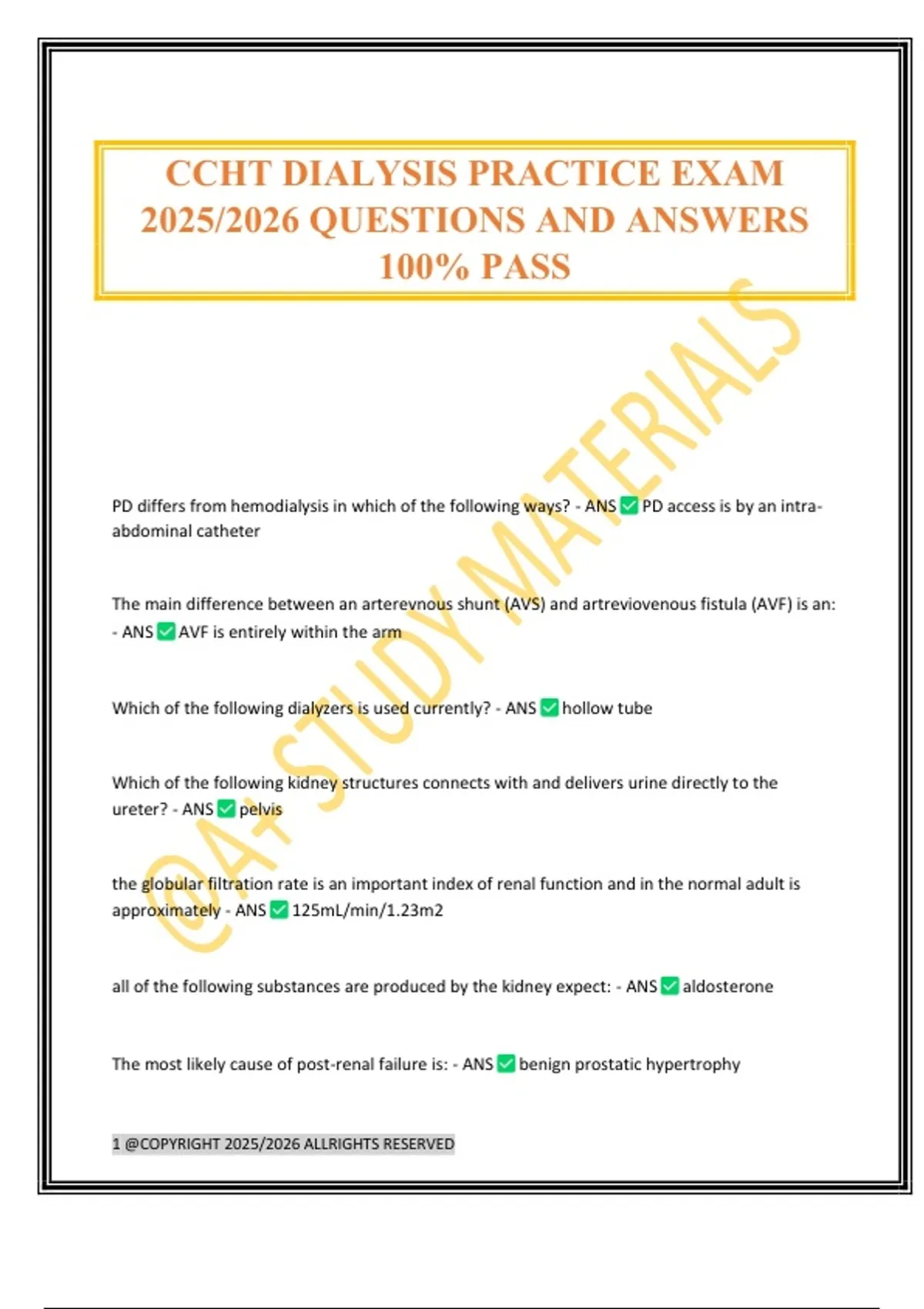 CCHT DIALYSIS PRACTICE EXAM 2025/2026 QUESTIONS AND ANSWERS 100% PASS ...