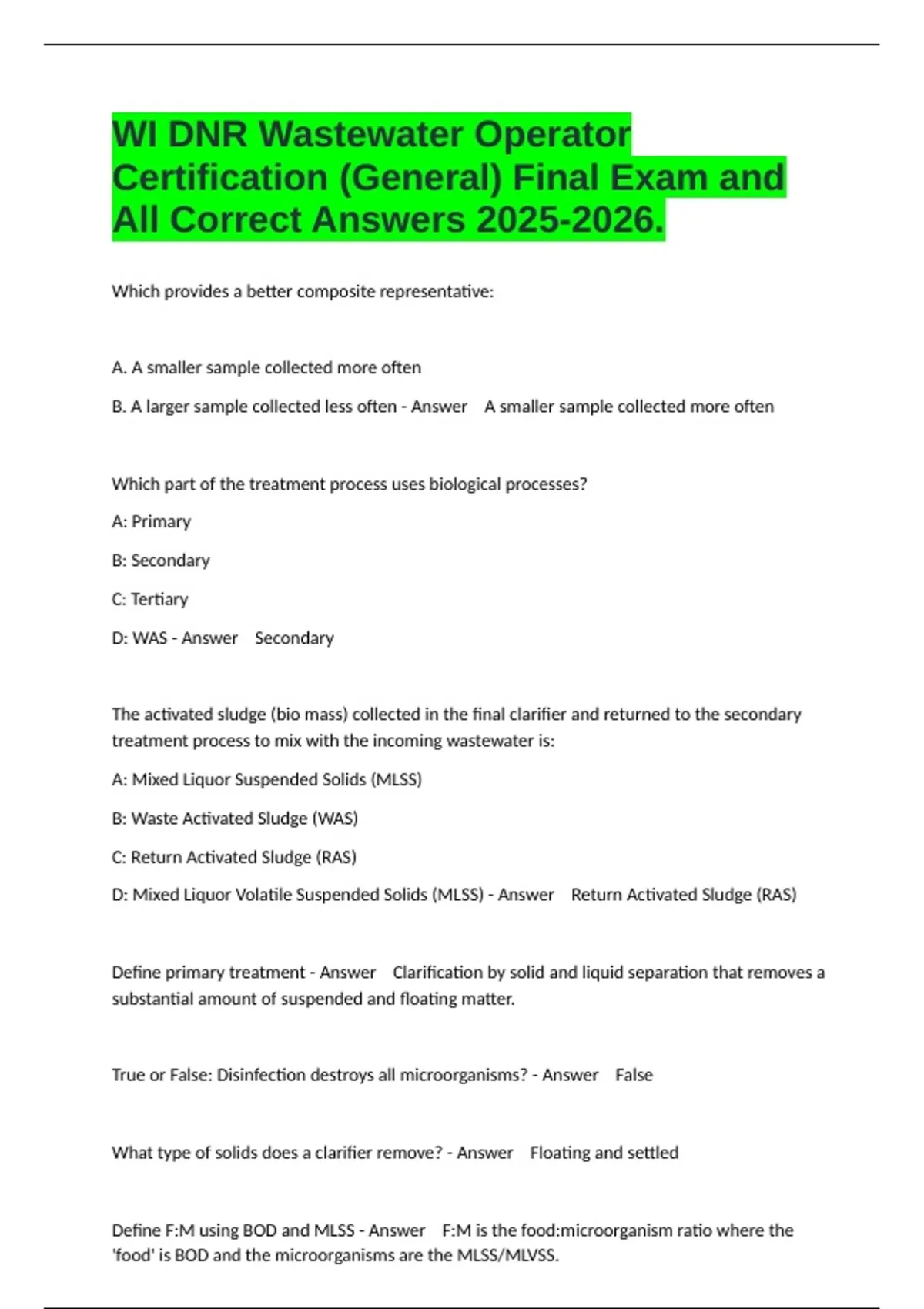 WI DNR Wastewater Operator Certification (General) Final Exam and All ...