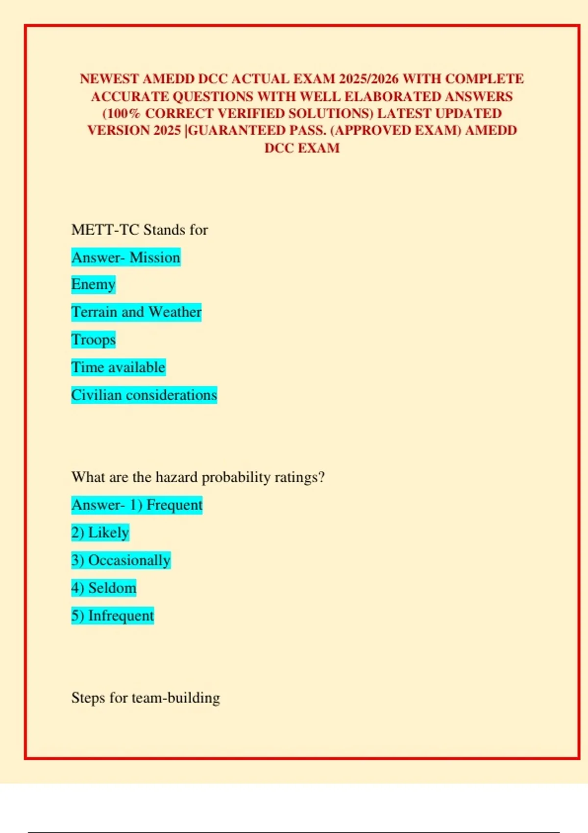 NEWEST AMEDD DCC ACTUAL EXAM 2025/2026 WITH COMPLETE ACCURATE QUESTIONS ...