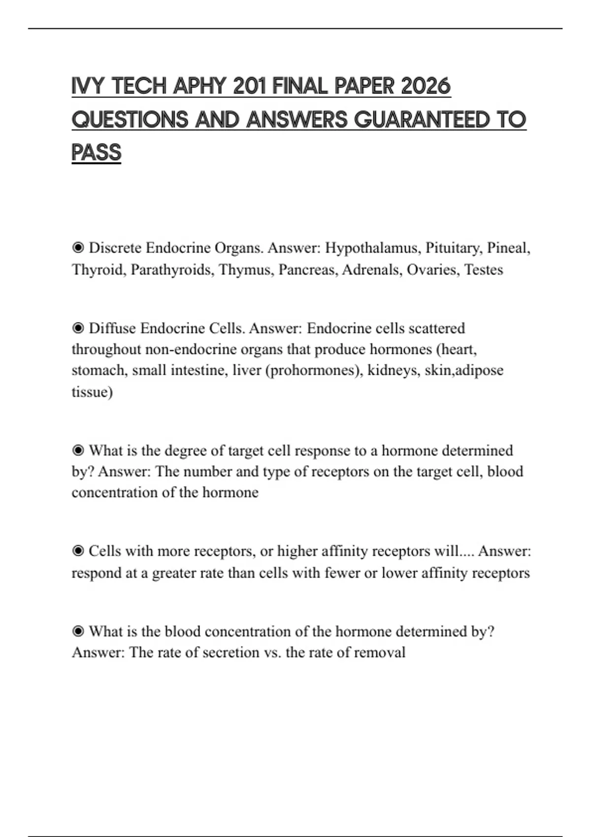 IVY TECH APHY 201 FINAL PAPER 2026 QUESTIONS AND ANSWERS GUARANTEED TO ...