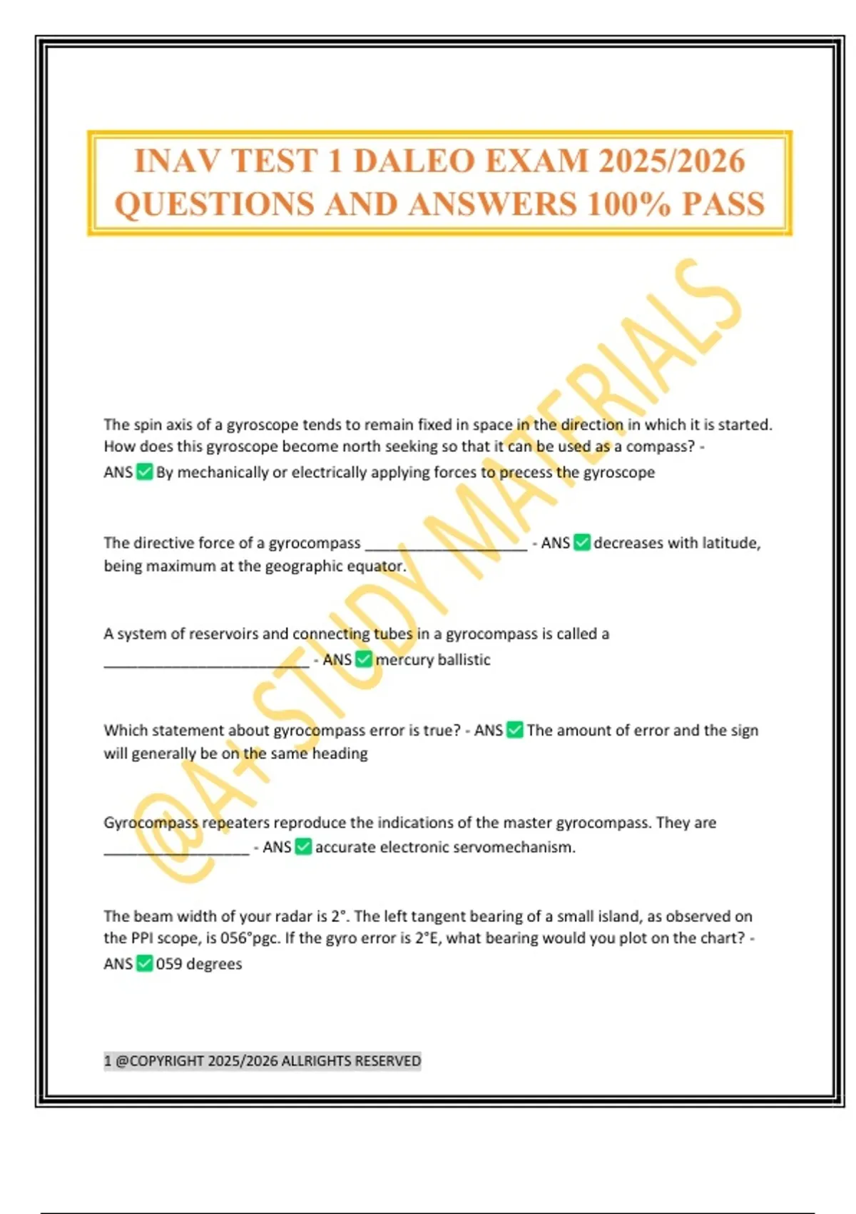 INAV TEST 1 DALEO EXAM 2025/2026 QUESTIONS AND ANSWERS 100% PASS - INAV ...