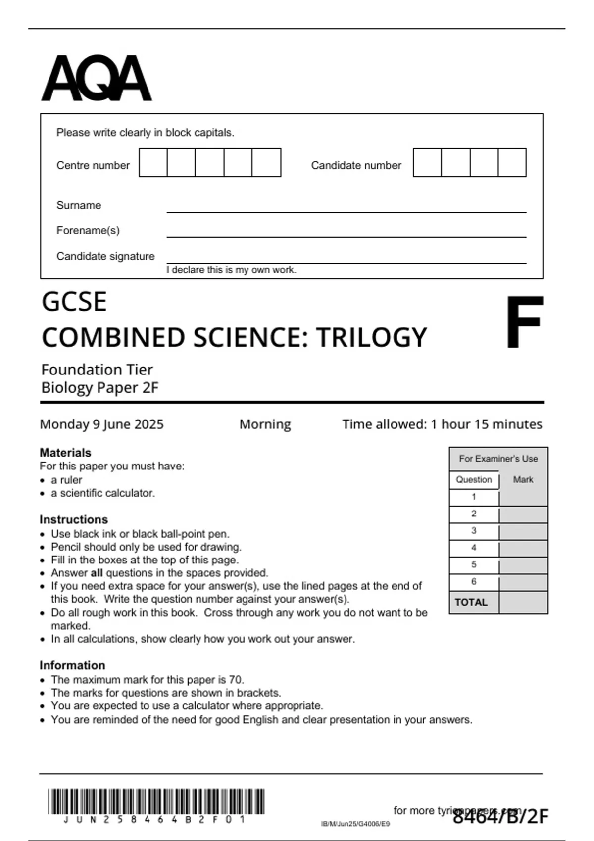 AQA GCSE MAY JUNE 2025 COMBINED SCIENCE BIOLOGY PAPER 2 FOUNDATION ...