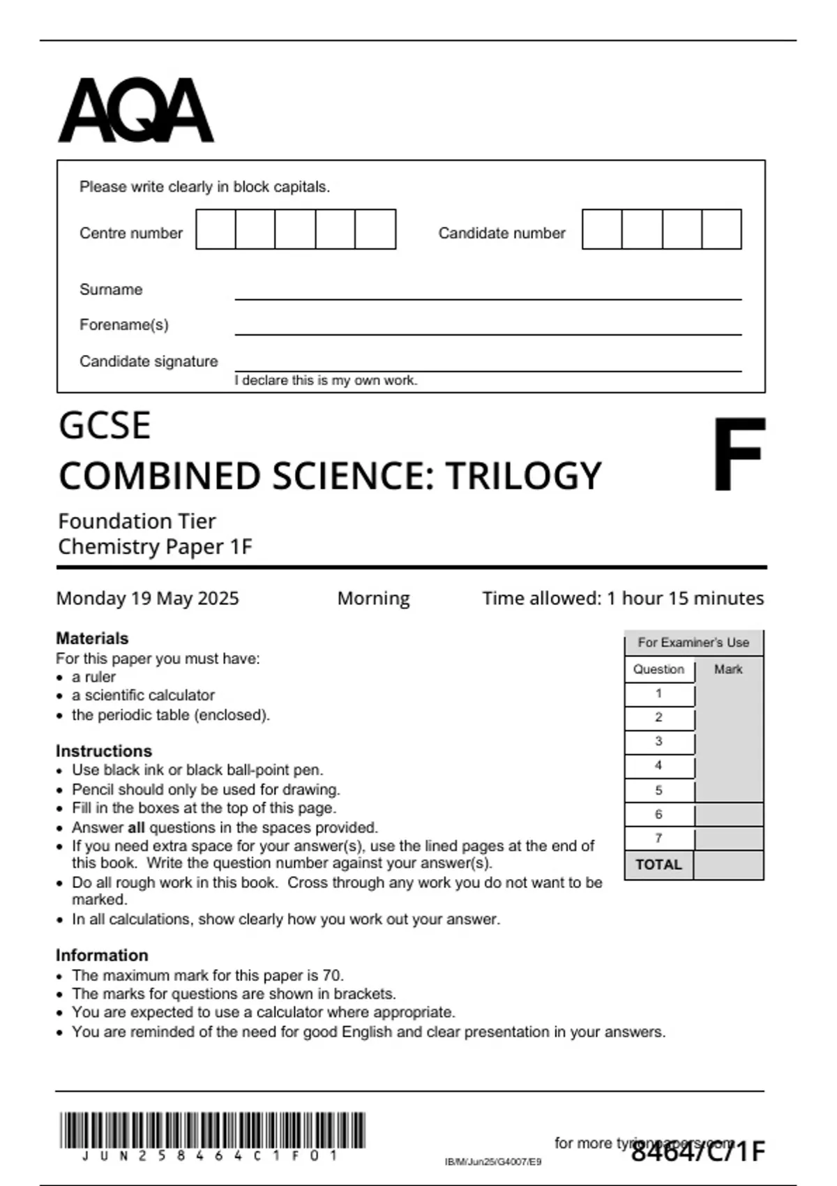 AQA GCSE MAY JUNE 2025 COMBINED SCIENCE CHEMISTRY PAPER 1 FOUNDATION ...