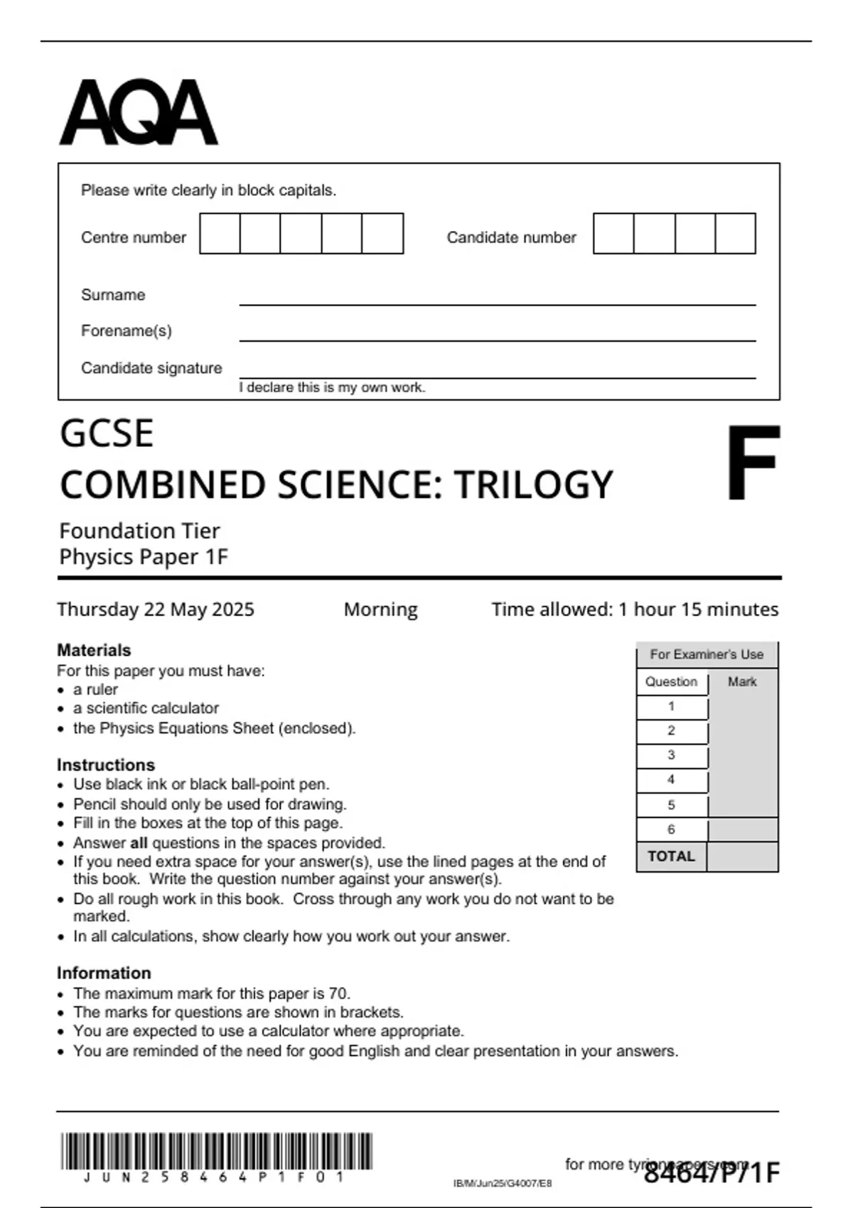 AQA GCSE MAY JUNE 2025 COMBINED SCIENCE PHYSICS PAPER 1 FOUNDATION ...