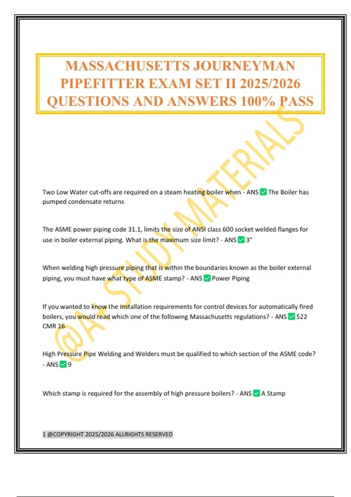 MASSACHUSETTS JOURNEYMAN PIPEFITTER EXAM SET II 2025/2026 QUESTIONS AND ...