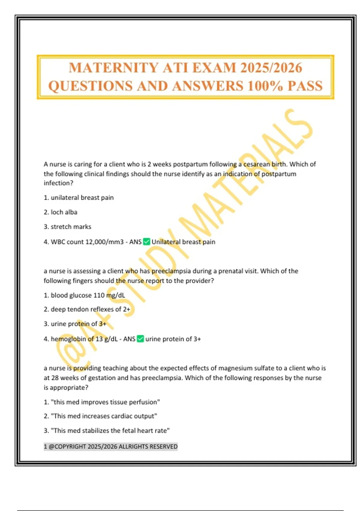 MATERNITY ATI EXAM 2025/2026 QUESTIONS AND ANSWERS 100% PASS ...
