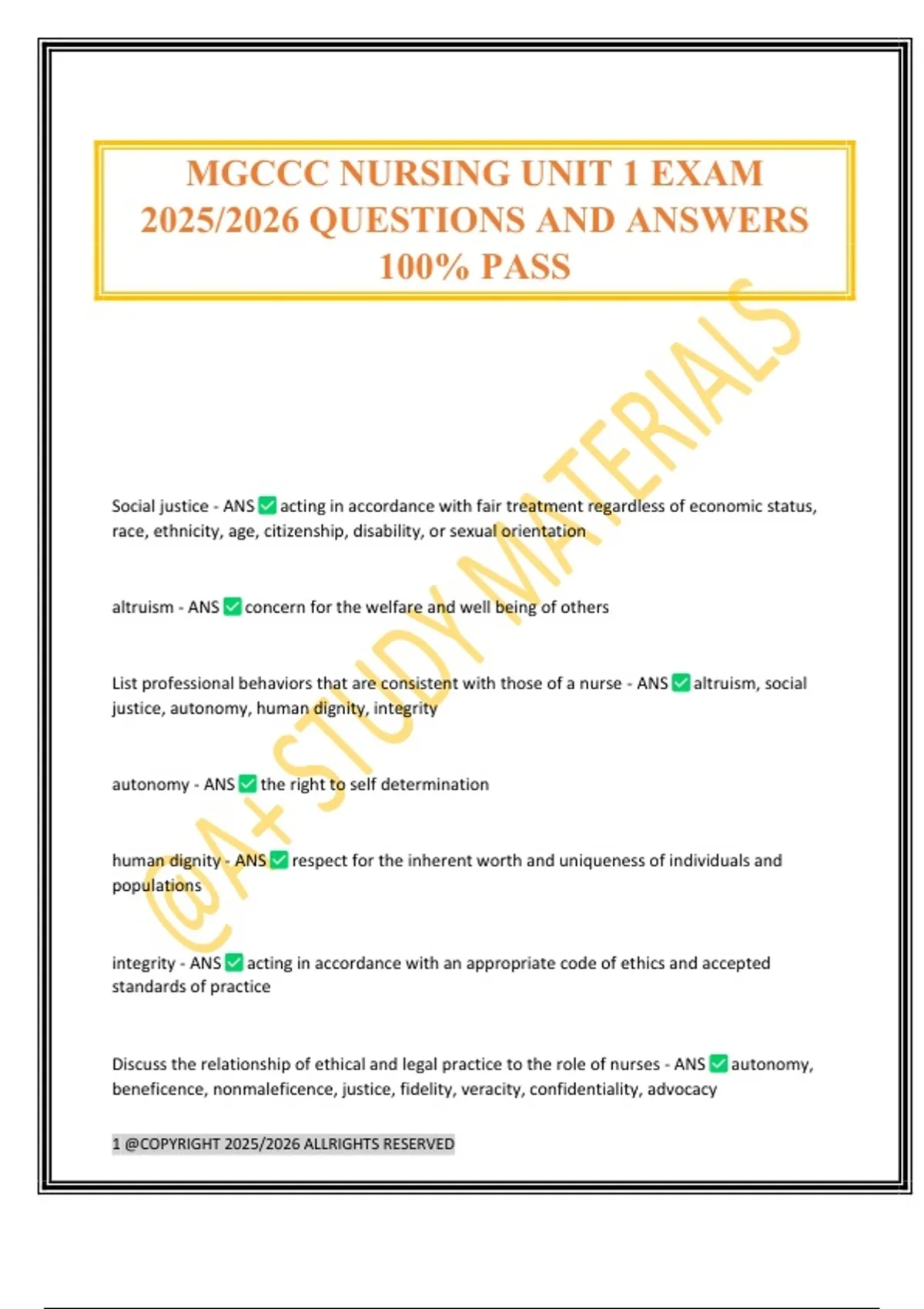 MGCCC NURSING UNIT 1 EXAM 2025/2026 QUESTIONS AND ANSWERS 100% PASS ...