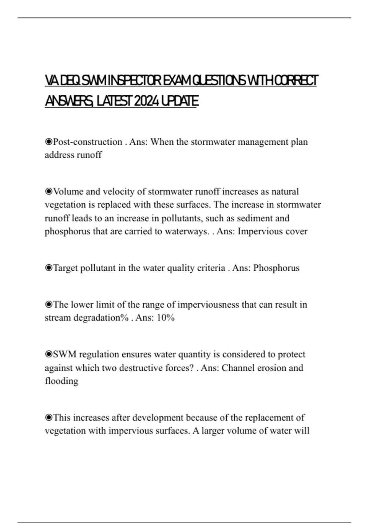 VA DEQ SWM INSPECTOR EXAM QUESTIONS WITH CORRECT ANSWERS, LATEST 2024 ...