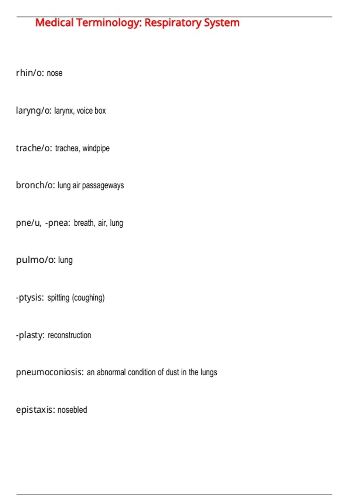 Medical Terminology: Respiratory System Questions and Answers (100 ...
