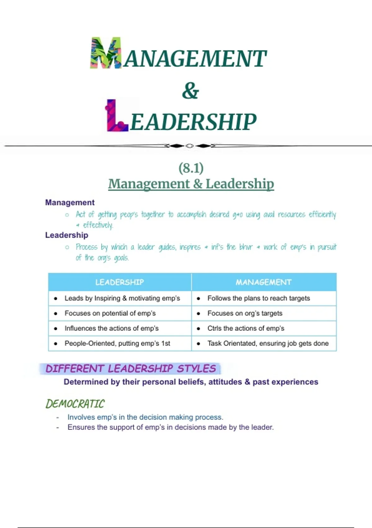 Management & Leadership – Comprehensive Summary of Leadership Styles ...
