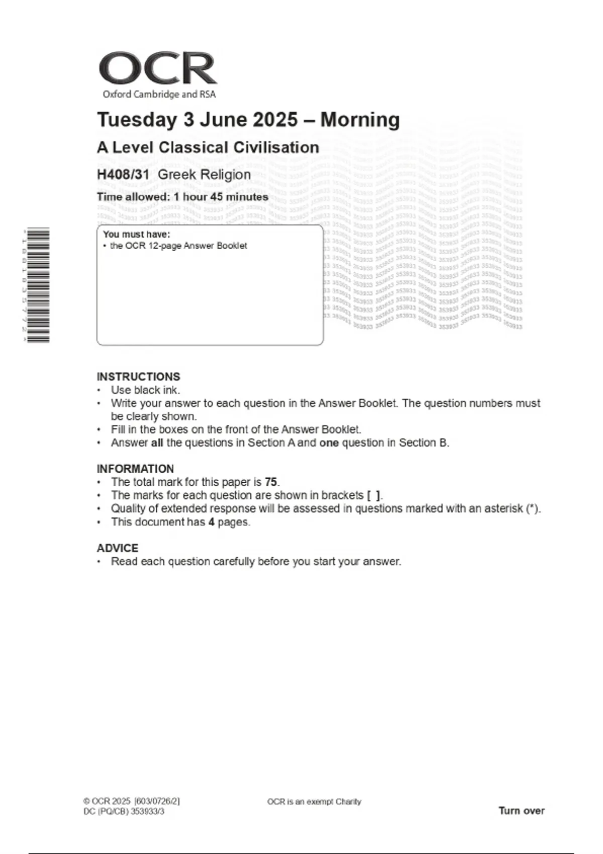 2025 OCR A Level Classical Civilisation H408/31 Greek Religion Combined ...