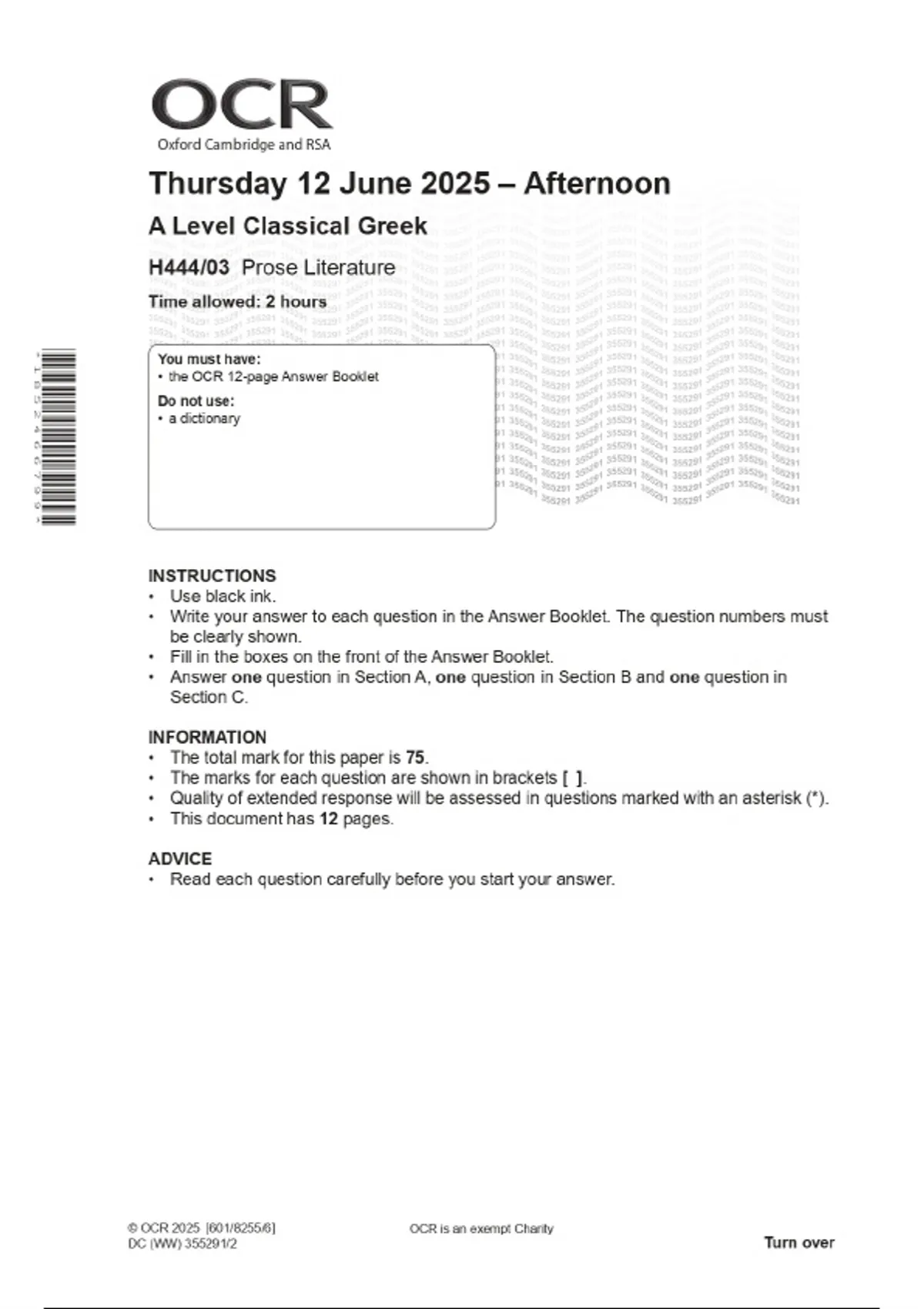 2025 OCR A Level Classical Greek H444/03 Prose Literature Combined ...