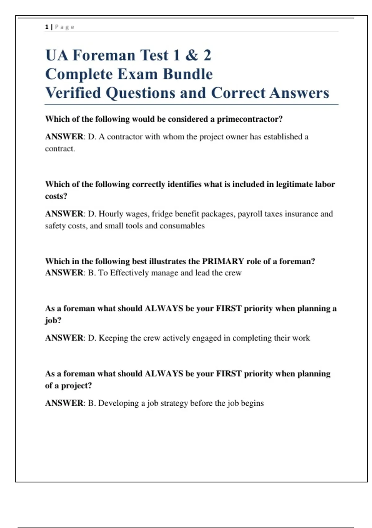 UA Foreman Test 1 & 2 (2025–2026) – Complete Exam Bundle with Verified ...