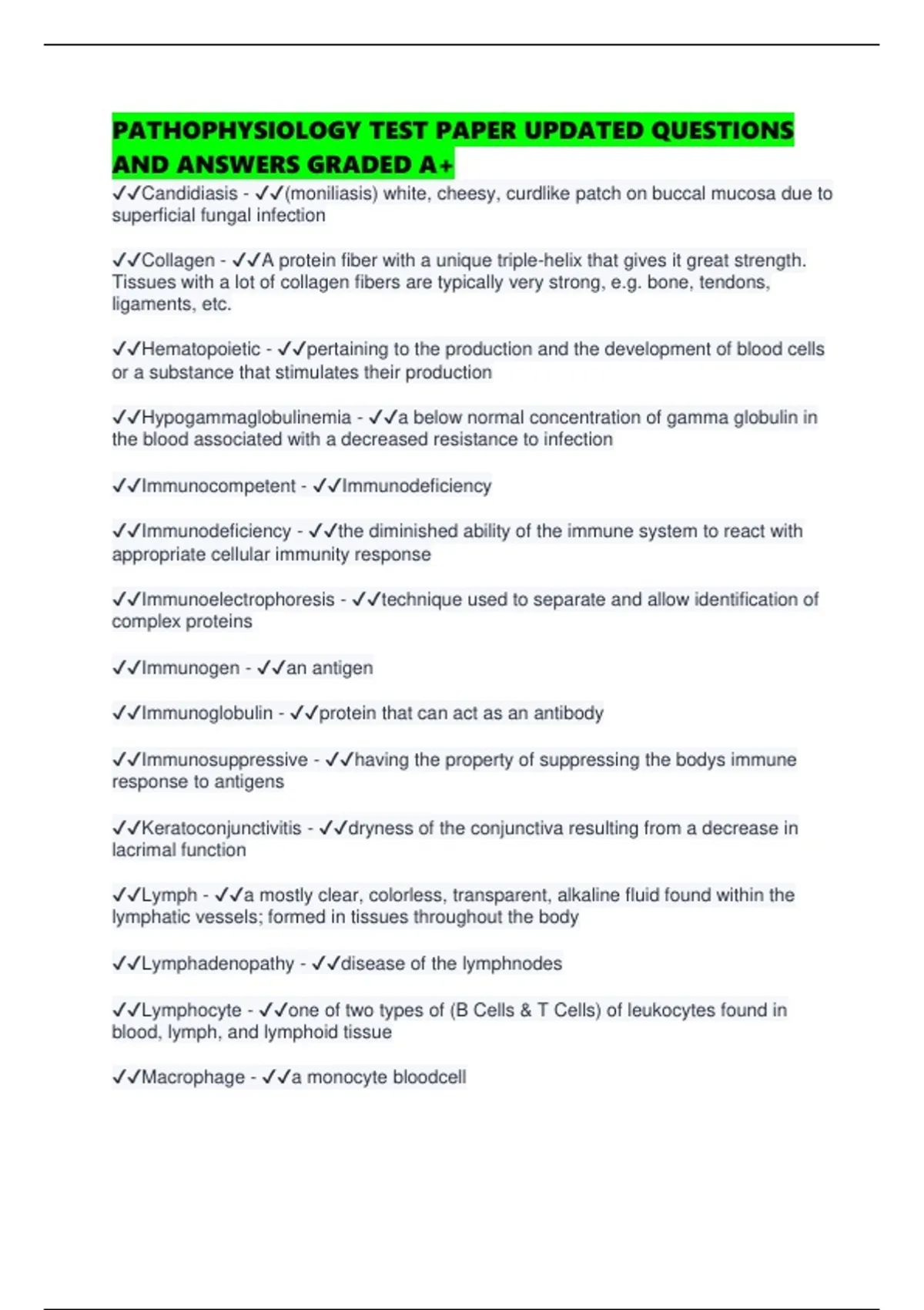 PATHOPHYSIOLOGY TEST PAPER UPDATED QUESTIONS AND ANSWERS GRADED A+ ...