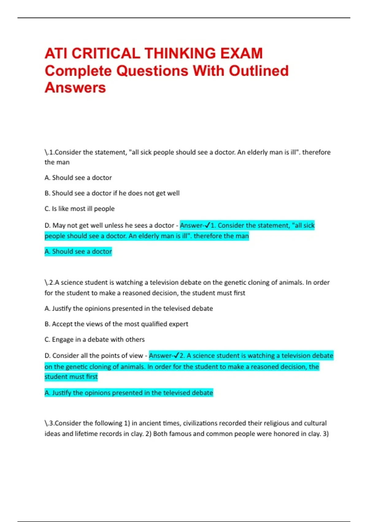 ATI CRITICAL THINKING EXAM Complete Questions With Correct Outlined ...