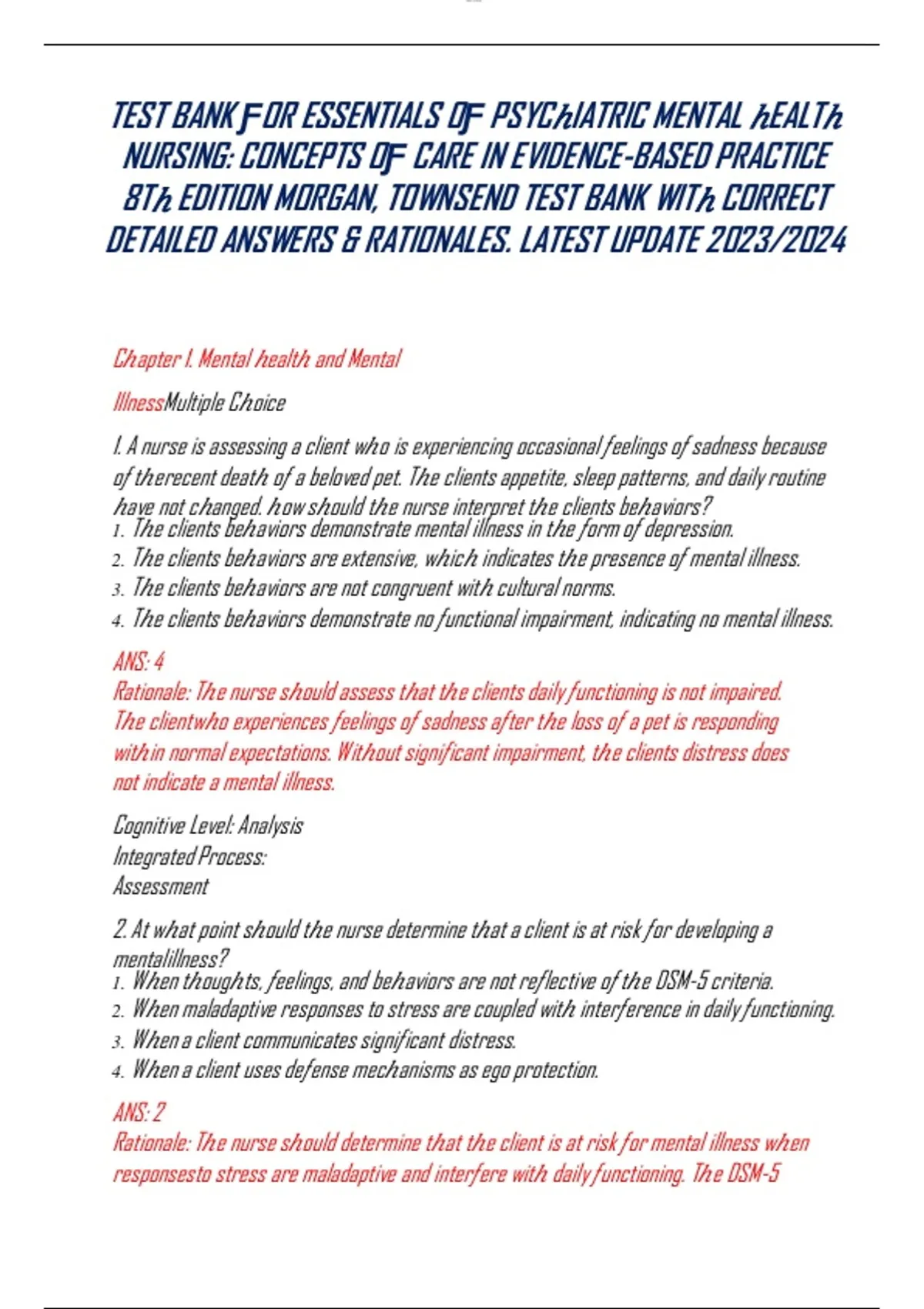 Full Test Bank — Essentials of Psychiatric Mental Health Nursing ...