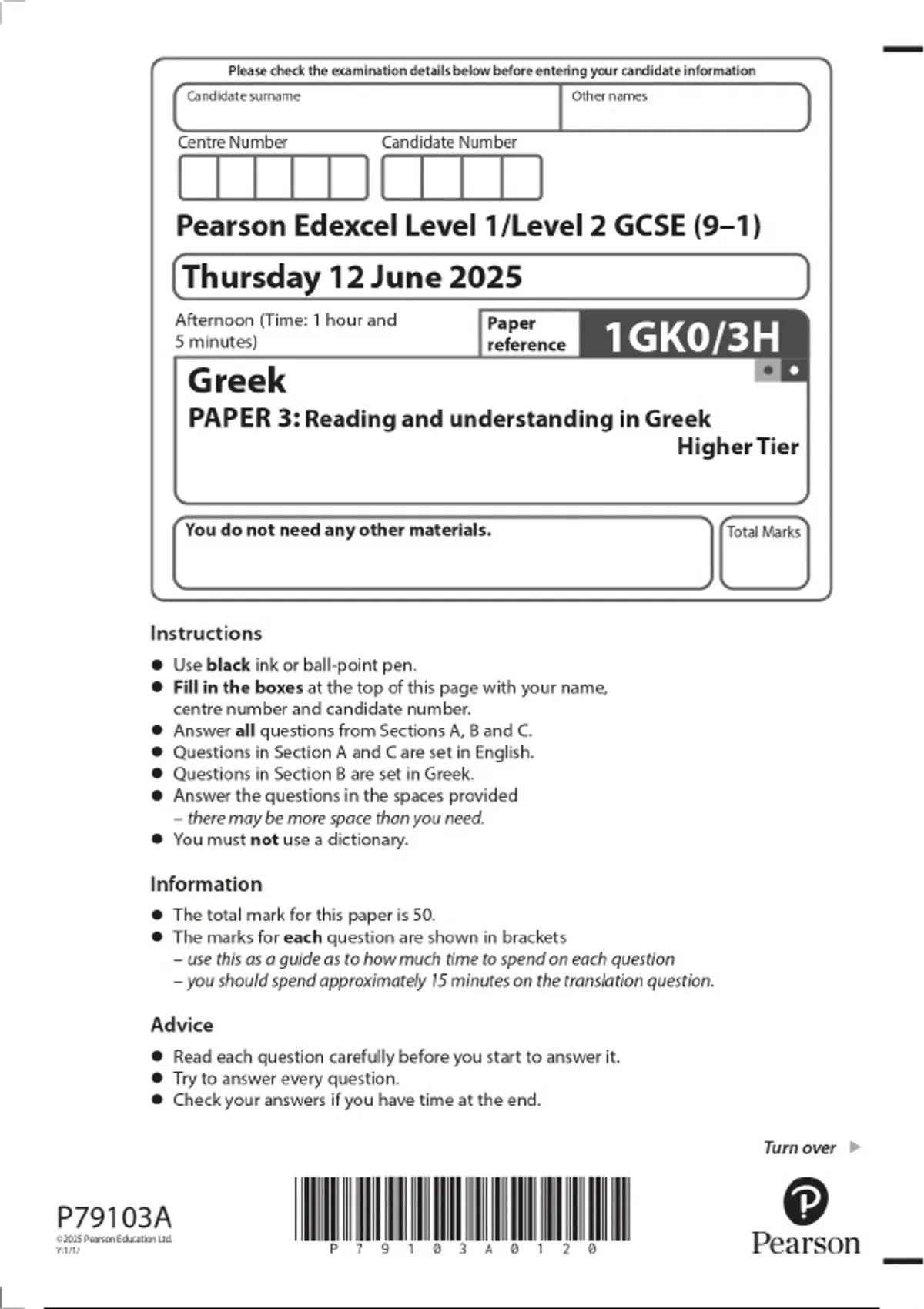 GCSE PEARSON EDEXCEL LEVEL 1/LEVEL 2 (9-1) GREEK PAPER 3: READING AND ...