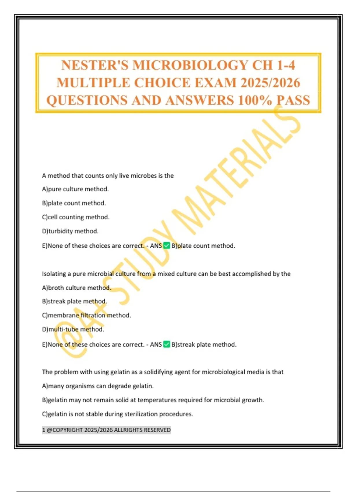 NESTER'S MICROBIOLOGY CH 1-4 MULTIPLE CHOICE EXAM 2025/2026 QUESTIONS ...