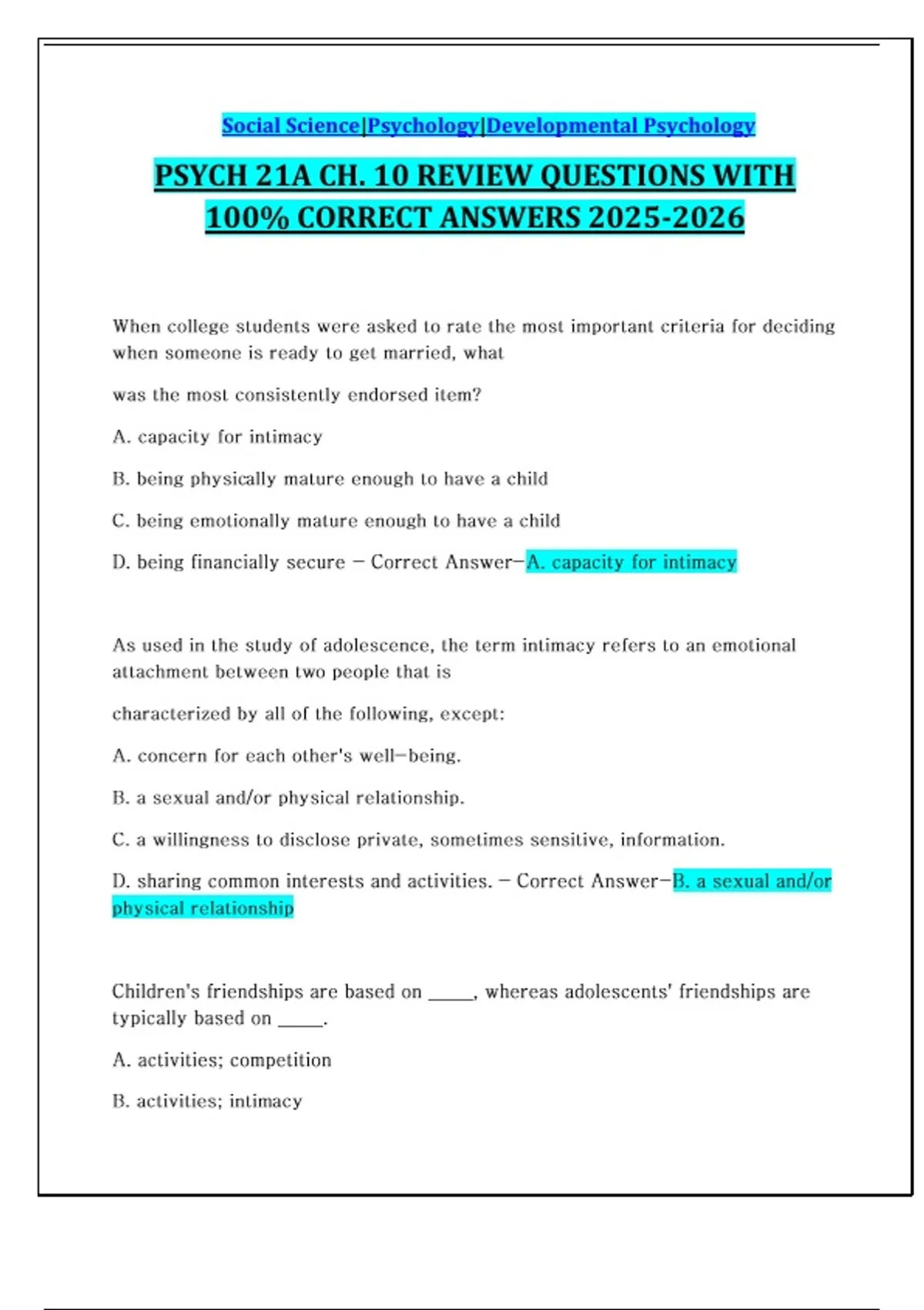PSYCH 21A CH. 10 REVIEW QUESTIONS WITH 100% CORRECT ANSWERS - Social ...