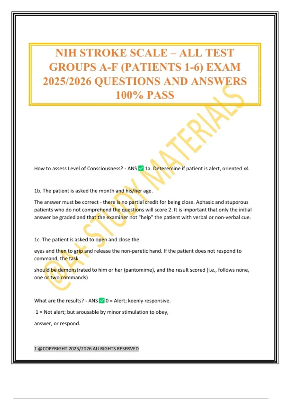 NIH STROKE SCALE – ALL TEST GROUPS A-F (PATIENTS 1-6) EXAM 2025/2026 ...