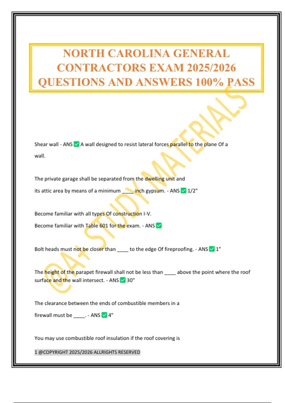 NORTH CAROLINA GENERAL CONTRACTORS EXAM 2025/2026 QUESTIONS AND ANSWERS ...
