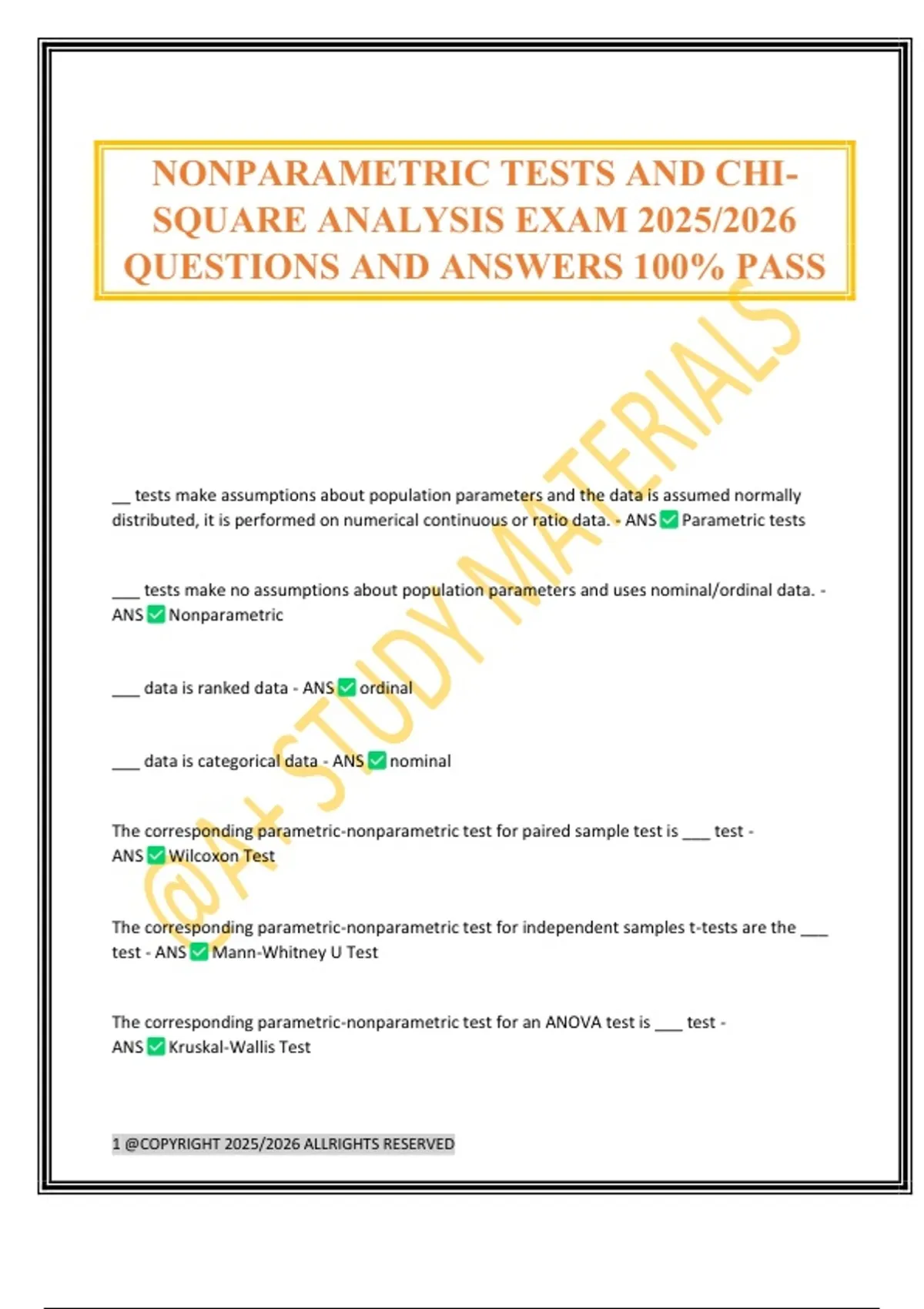 NONPARAMETRIC TESTS AND CHI- SQUARE ANALYSIS EXAM 2025/2026 QUESTIONS ...