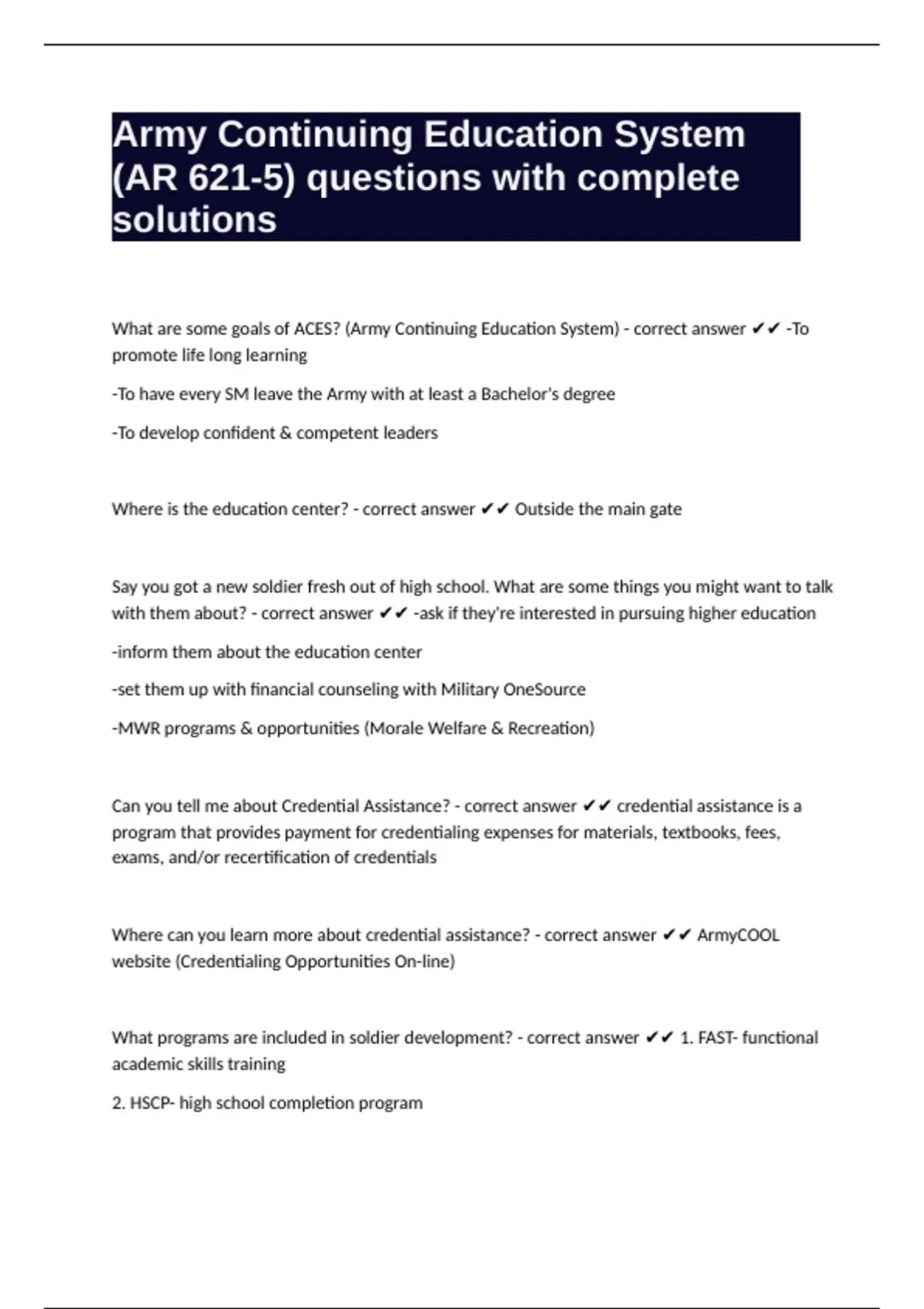 Army Continuing Education System (AR 621-5) questions with complete ...