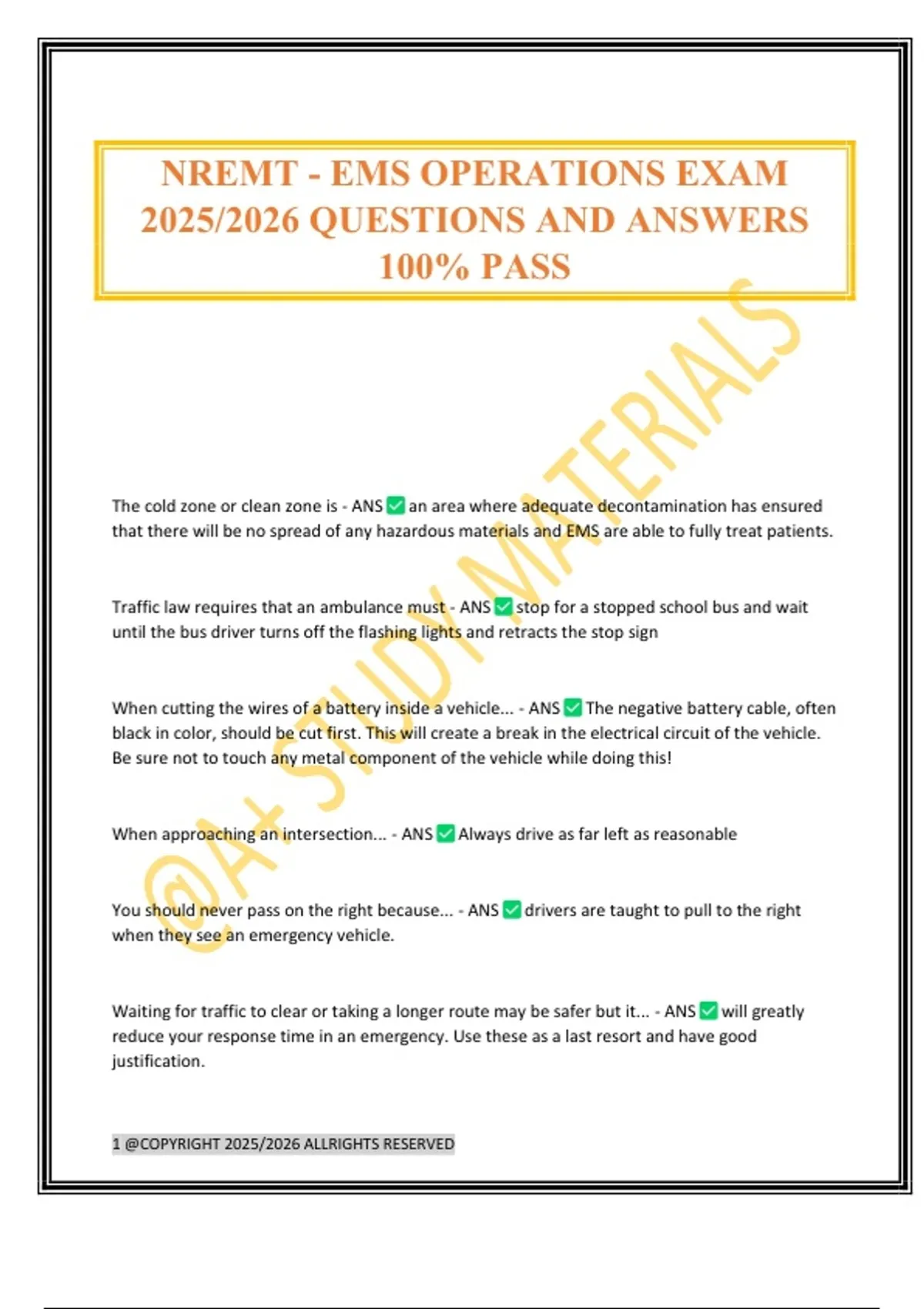 NREMT - EMS OPERATIONS EXAM 2025/2026 QUESTIONS AND ANSWERS 100% PASS ...