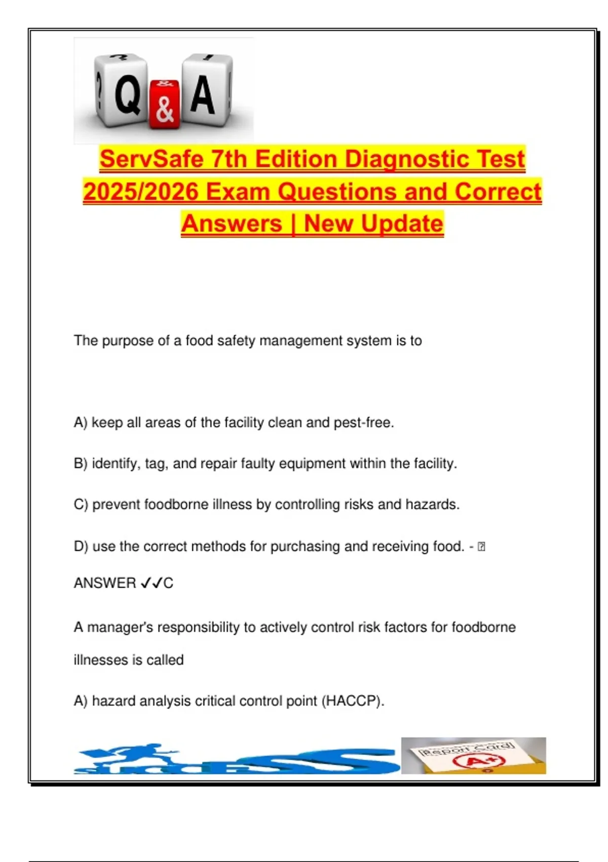 ServSafe 7th Edition Diagnostic Test – 100+ Verified Questions with ...