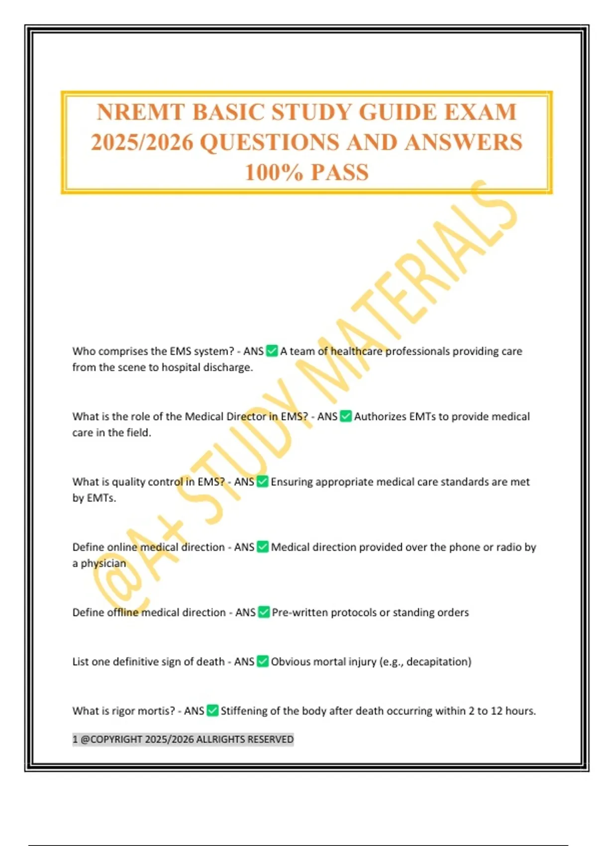 NREMT BASIC STUDY GUIDE EXAM 2025/2026 QUESTIONS AND ANSWERS 100% PASS ...