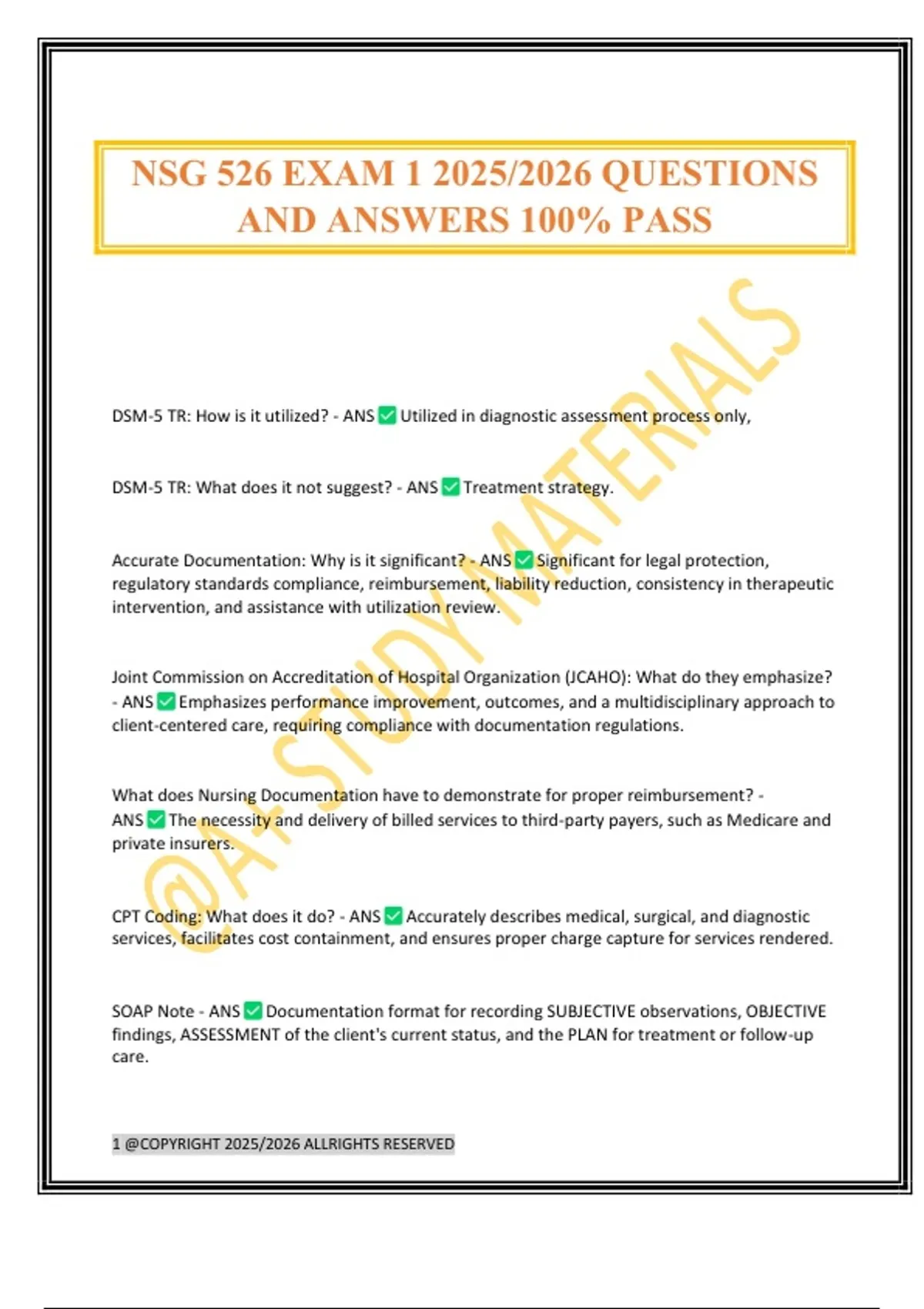 NSG 526 EXAM 1 2025/2026 QUESTIONS AND ANSWERS 100% PASS - NSG 526 ...