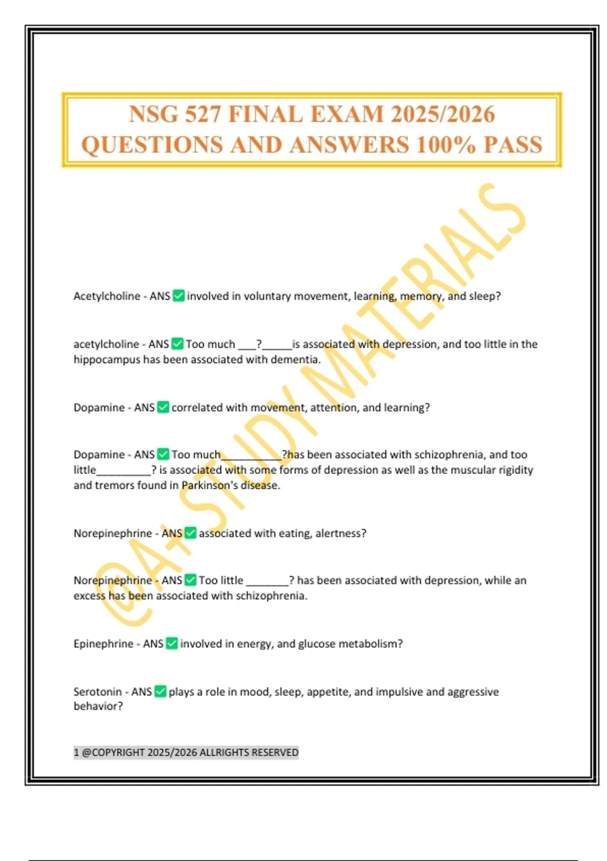 NSG 527 FINAL EXAM 2025/2026 QUESTIONS AND ANSWERS 100% PASS - NSG 527 ...