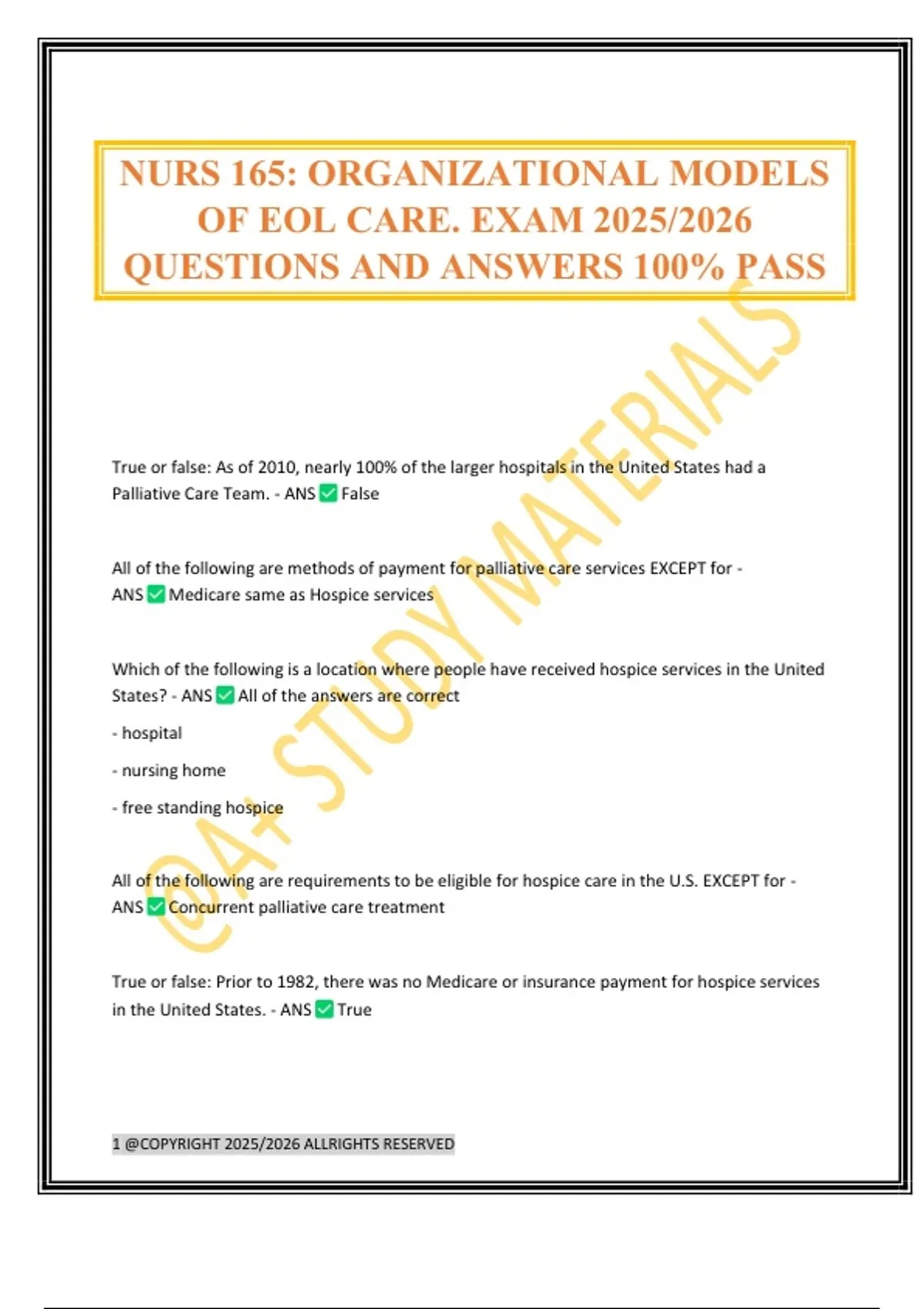 NURS 165: ORGANIZATIONAL MODELS OF EOL CARE. EXAM 2025/2026 QUESTIONS ...