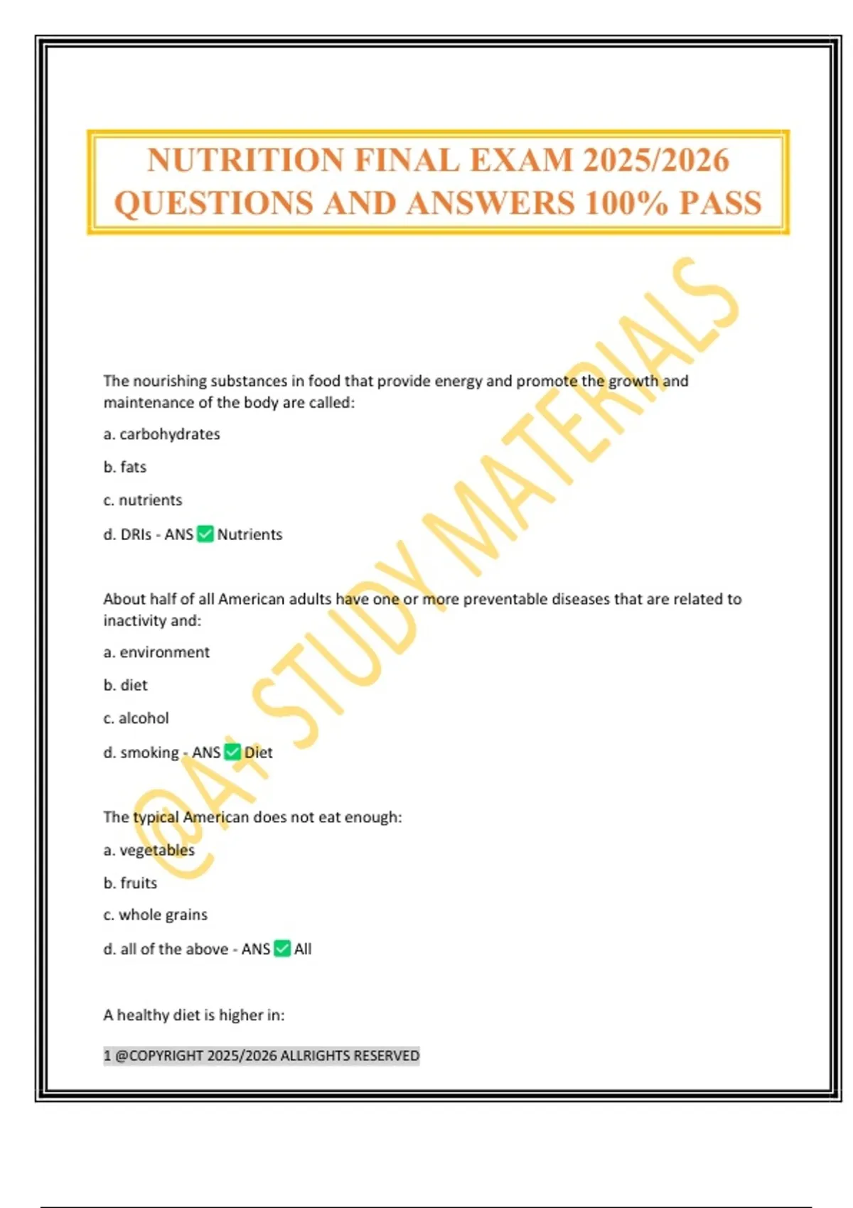 NUTRITION FINAL EXAM 2025/2026 QUESTIONS AND ANSWERS 100% PASS ...