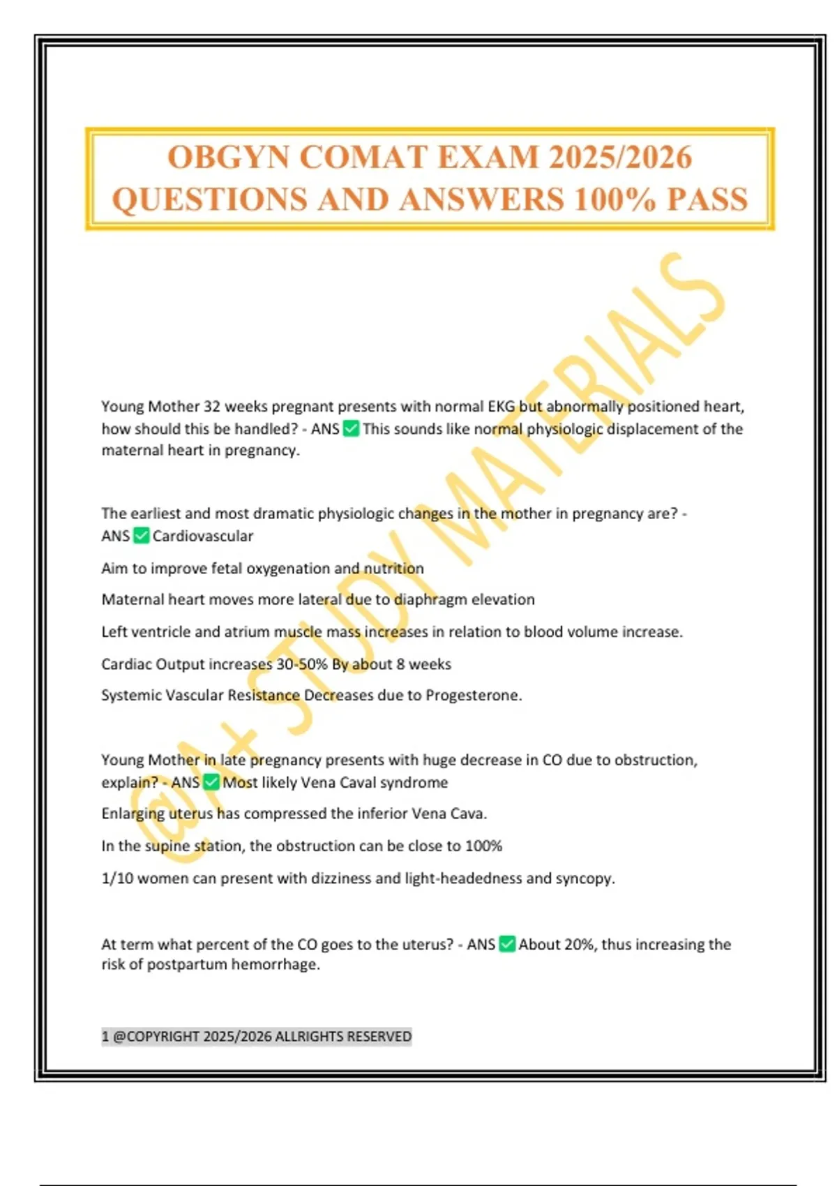 OBGYN COMAT EXAM 2025/2026 QUESTIONS AND ANSWERS 100% PASS - OBGYN ...