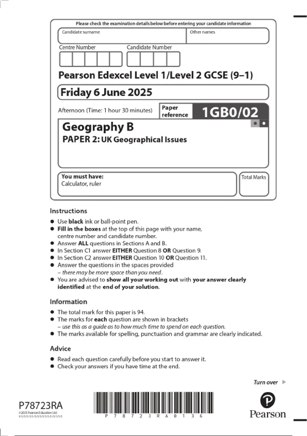 2025 Pearson Edexcel Level 1/Level 2 GCSE (9–1) Geography B PAPER 2: UK ...