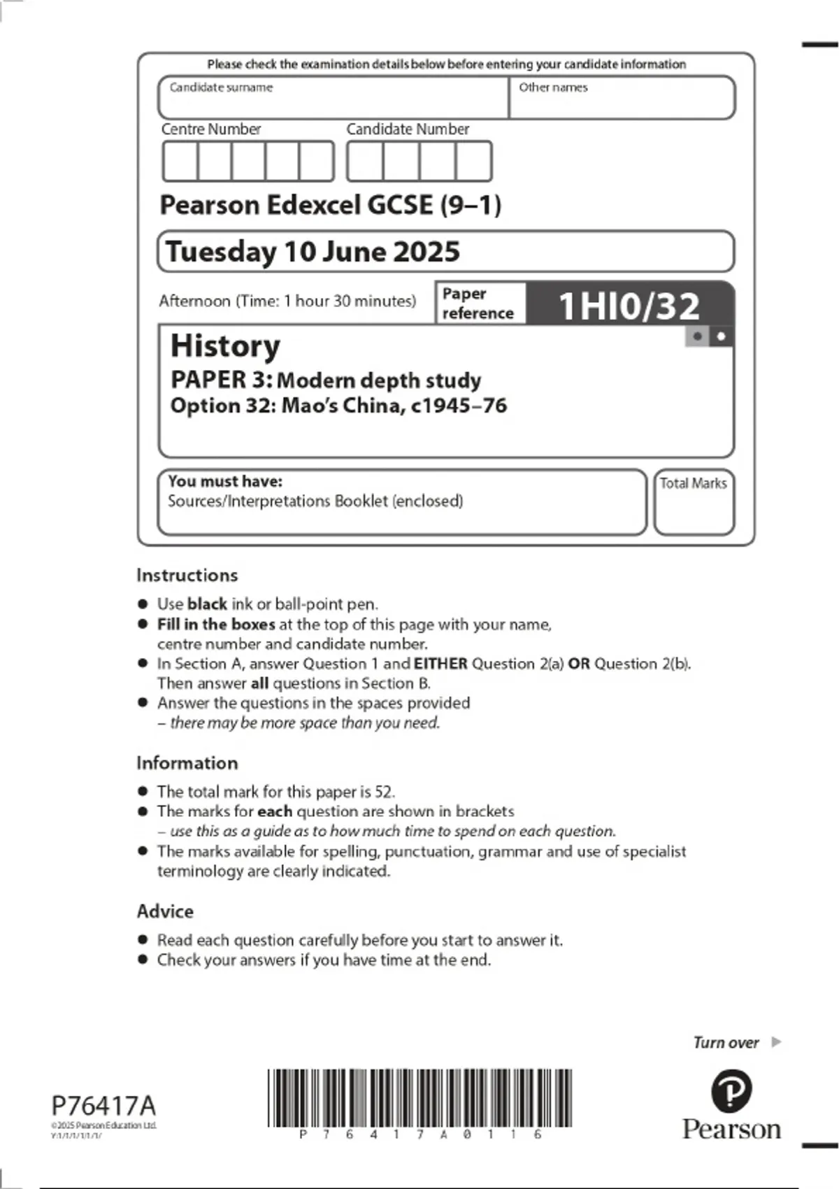 2025 Pearson Edexcel Level 1/Level 2 GCSE (9–1) History PAPER 3: Modern ...