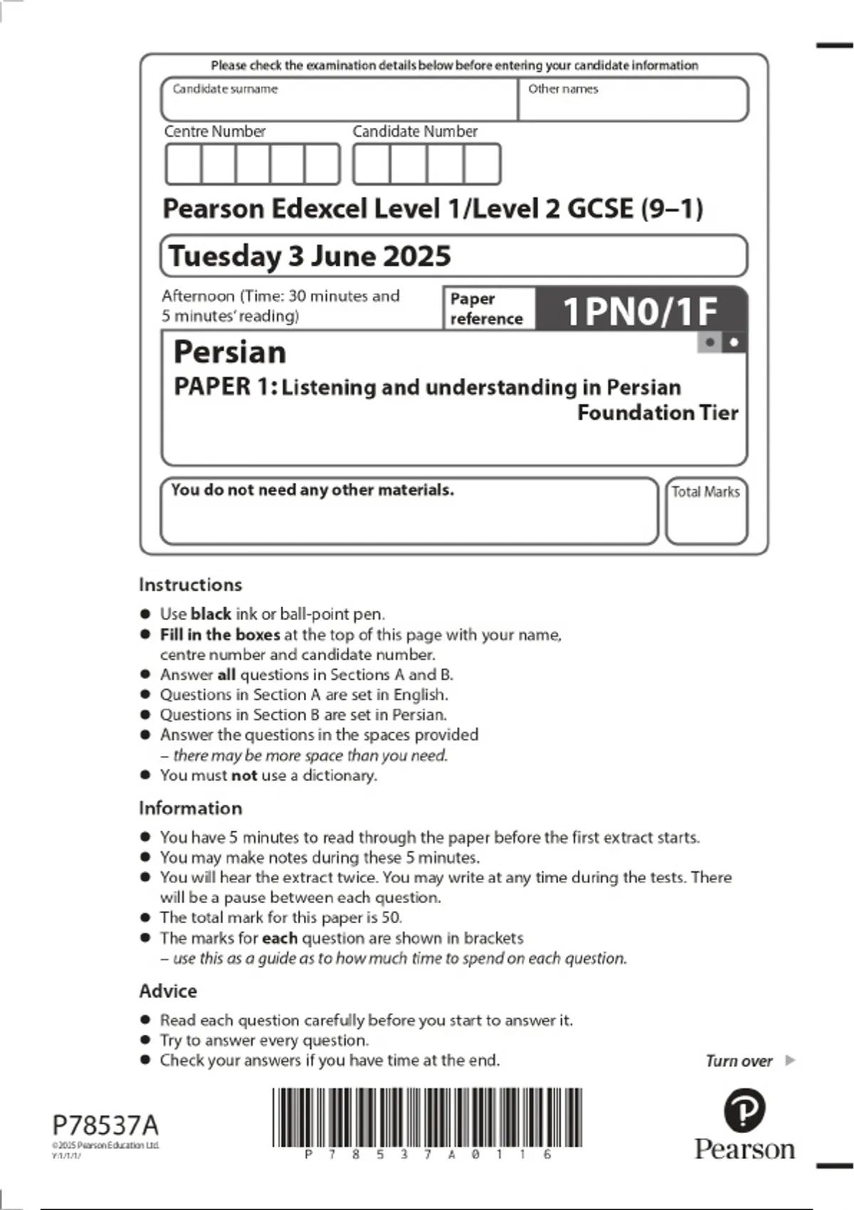 BUNDLE-::2025 Pearson Edexcel Level 1/Level 2 GCSE (9–1 Persian Exams ...