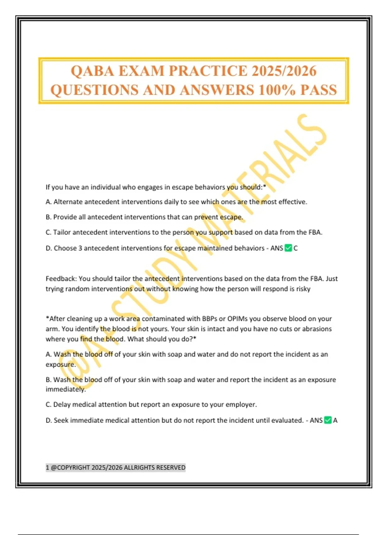 QABA EXAM PRACTICE 2025/2026 QUESTIONS AND ANSWERS 100% PASS - QABA ...