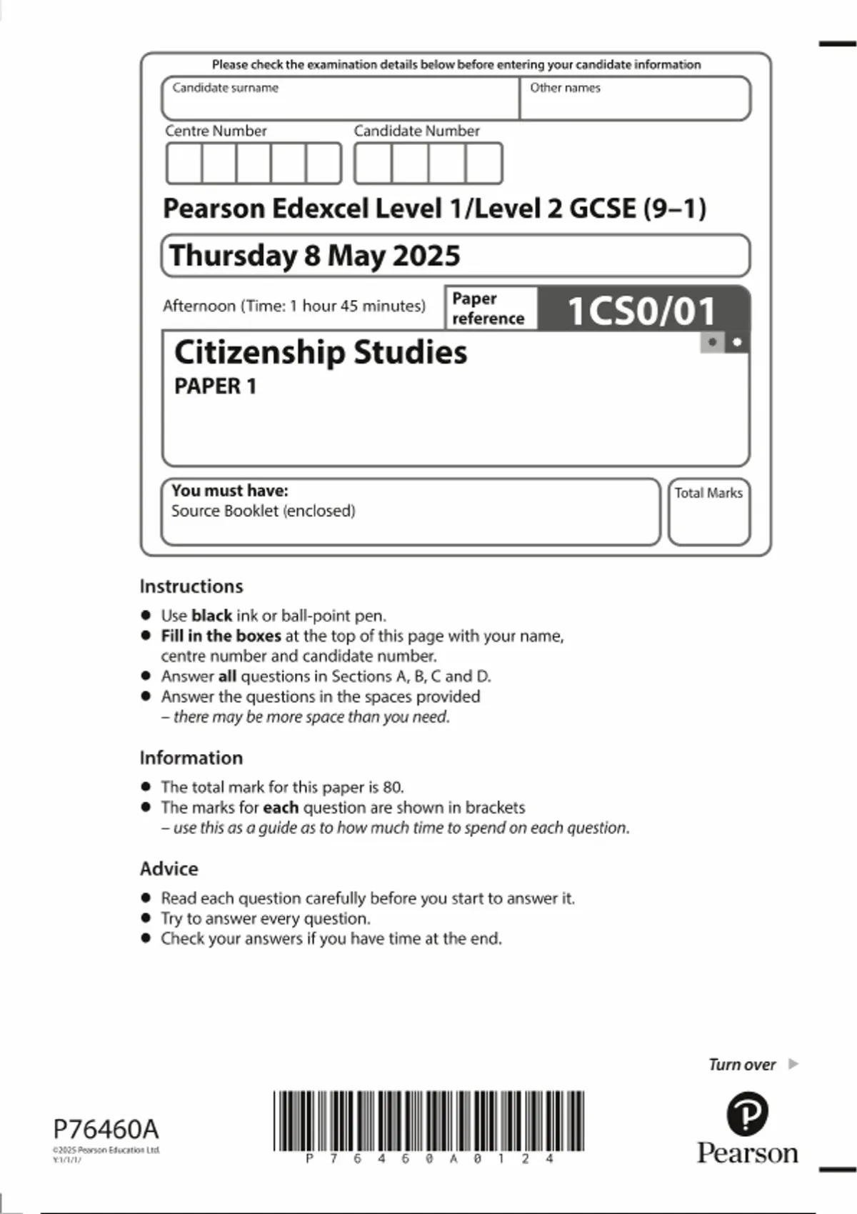 PEARSON EDEXCEL GCSE CITIZENSHIP STUDIES PAPER 1 QUESTION PAPER 2025 ...