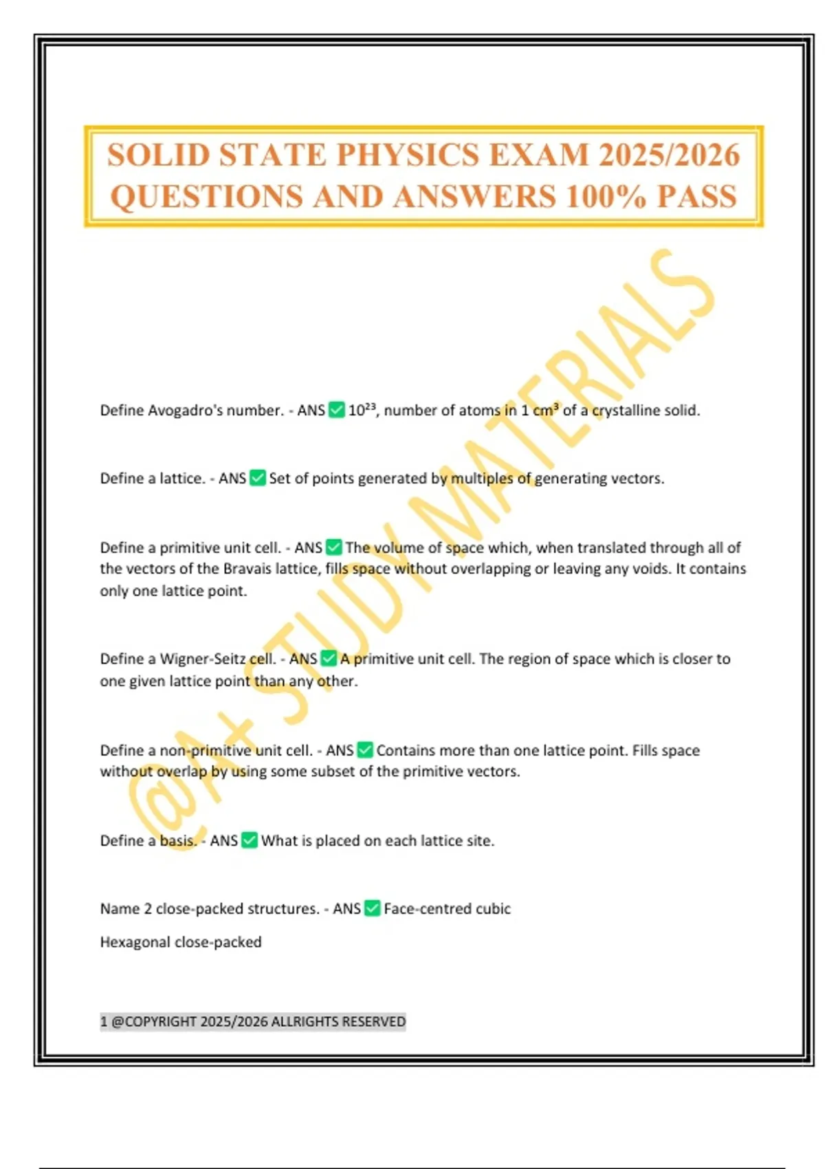 SOLID STATE PHYSICS EXAM 2025/2026 QUESTIONS AND ANSWERS 100% PASS ...