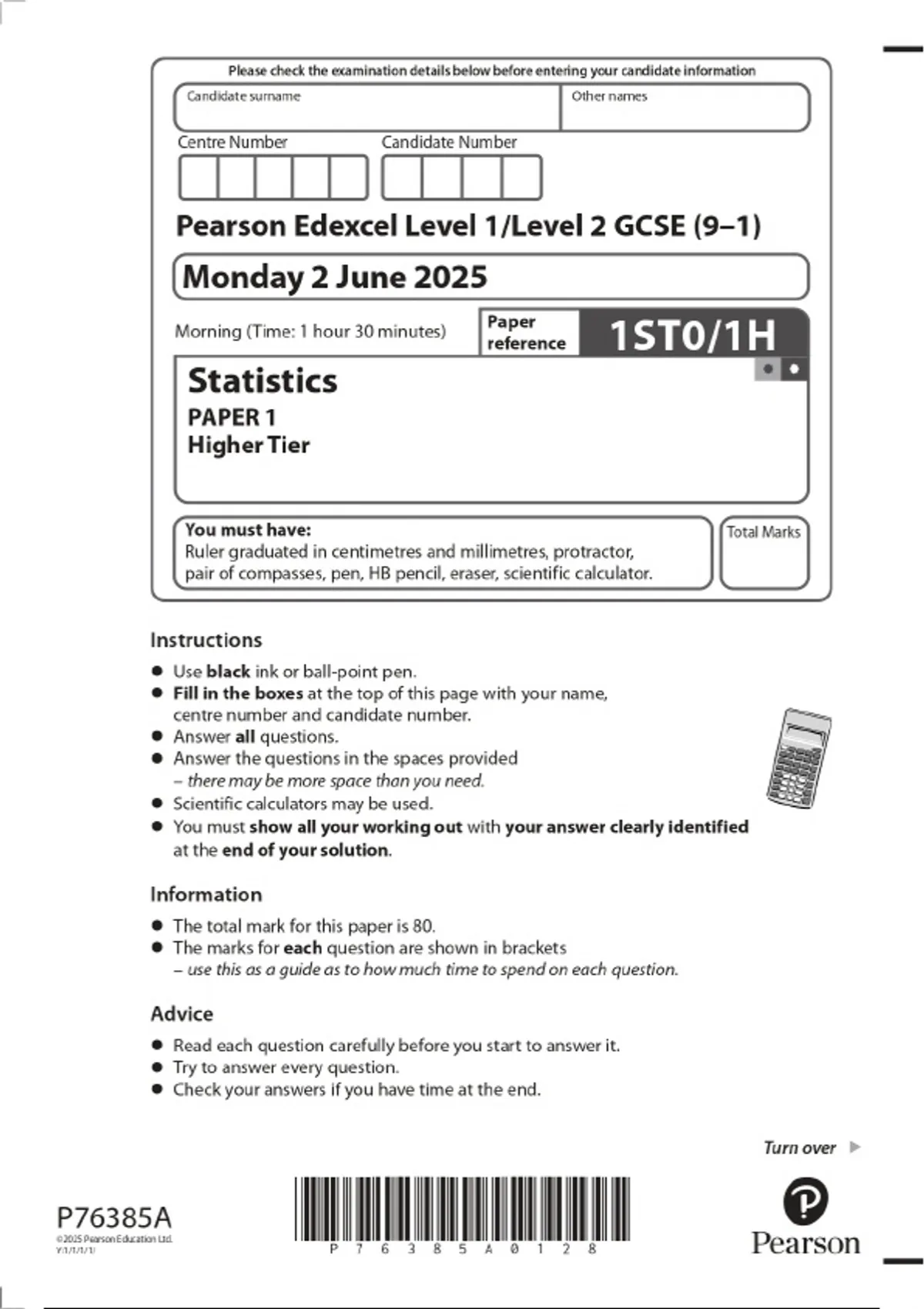 2025 Pearson Edexcel Level 1/level 2 GCSE (9-1) Statistics PAPER 1 ...