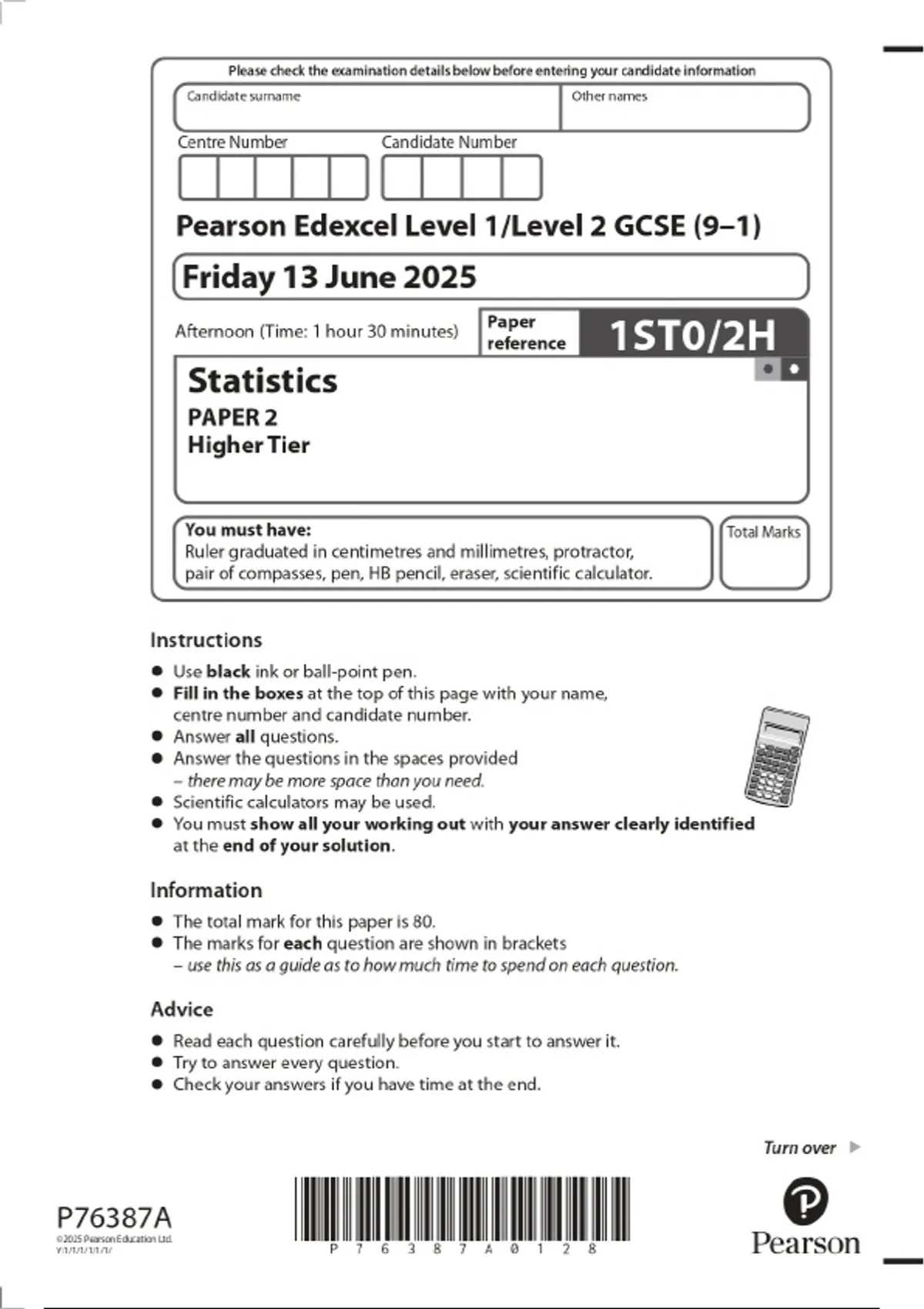 2025 Pearson Edexcel Level 1/level 2 GCSE (9-1) Statistics PAPER 2 ...