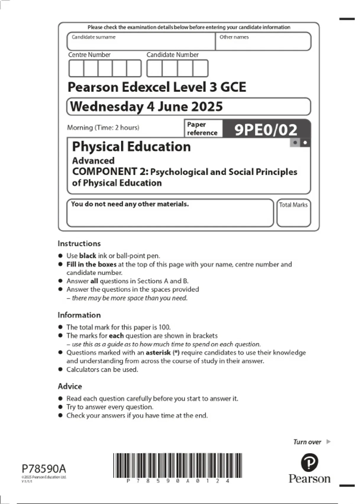 2025 Pearson Edexcel Level 3 GCE Physical Education Advanced COMPONENT ...