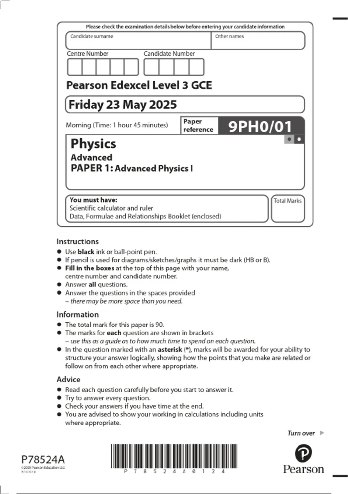 2025 Pearson Edexcel Level 3 GCE Physics Advanced PAPER 1: Advanced ...