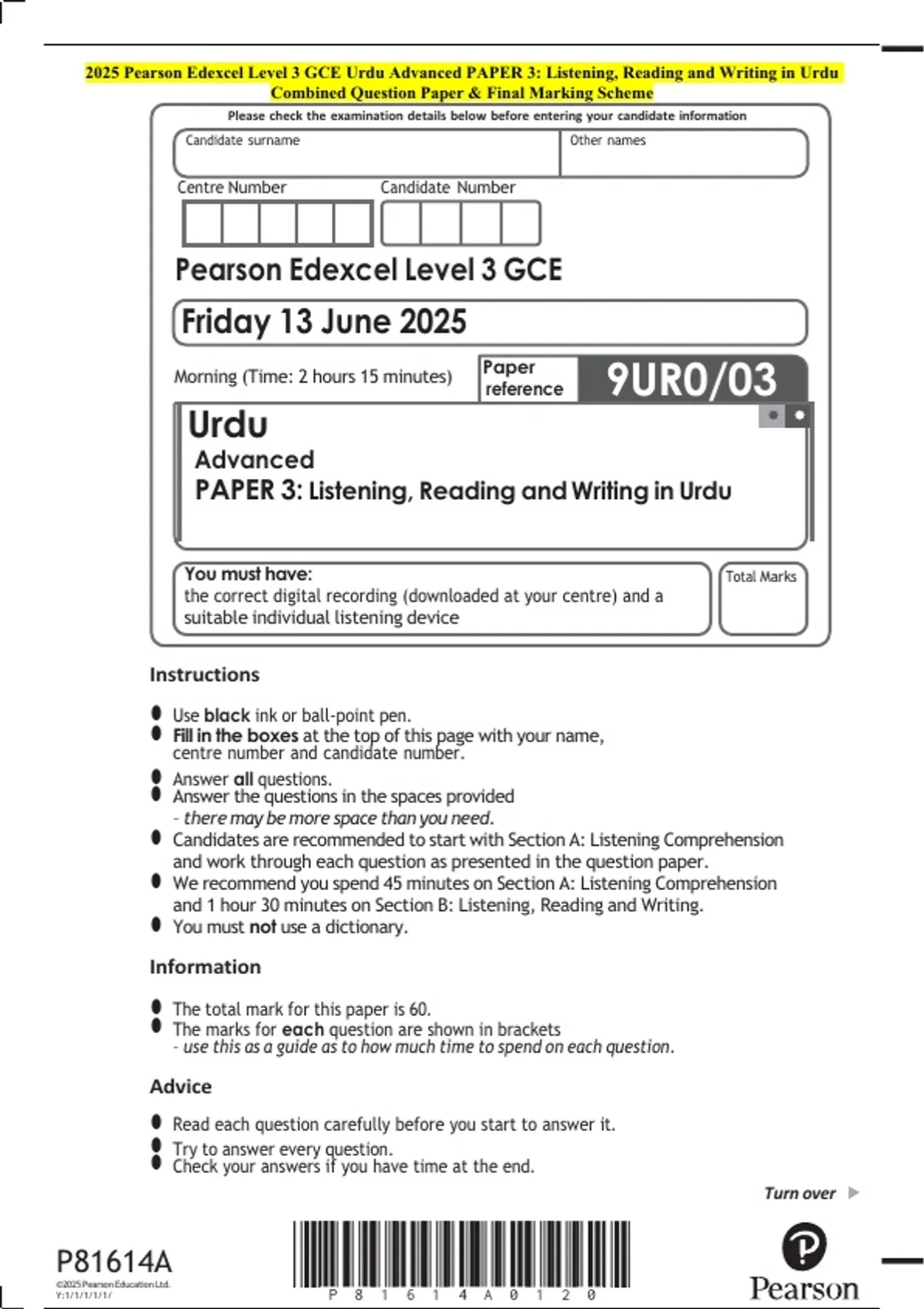 2025 Pearson Edexcel Level 3 GCE Urdu Advanced PAPER 3: Listening ...