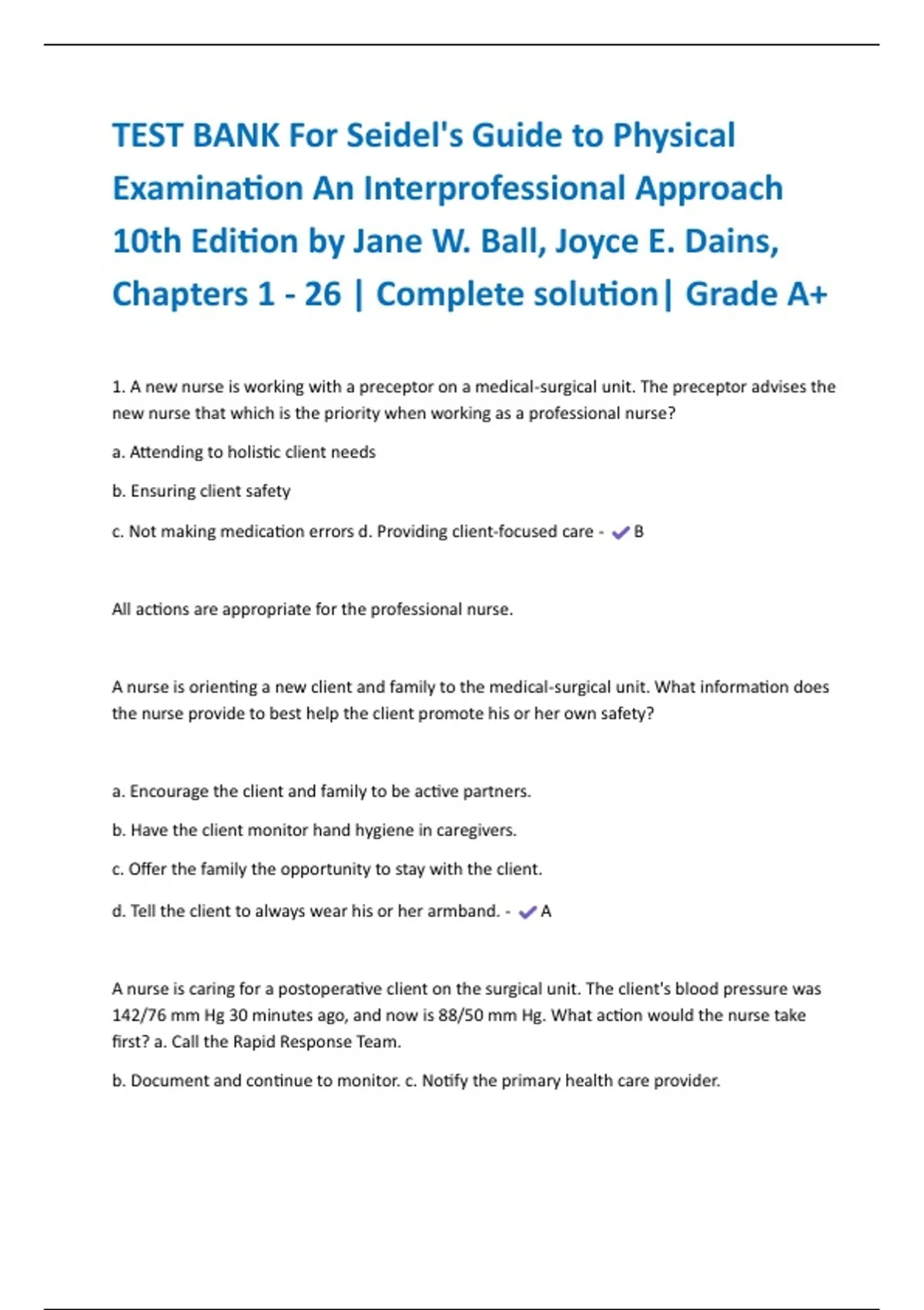 TEST BANK For Seidel's Guide to Physical Examination An ...